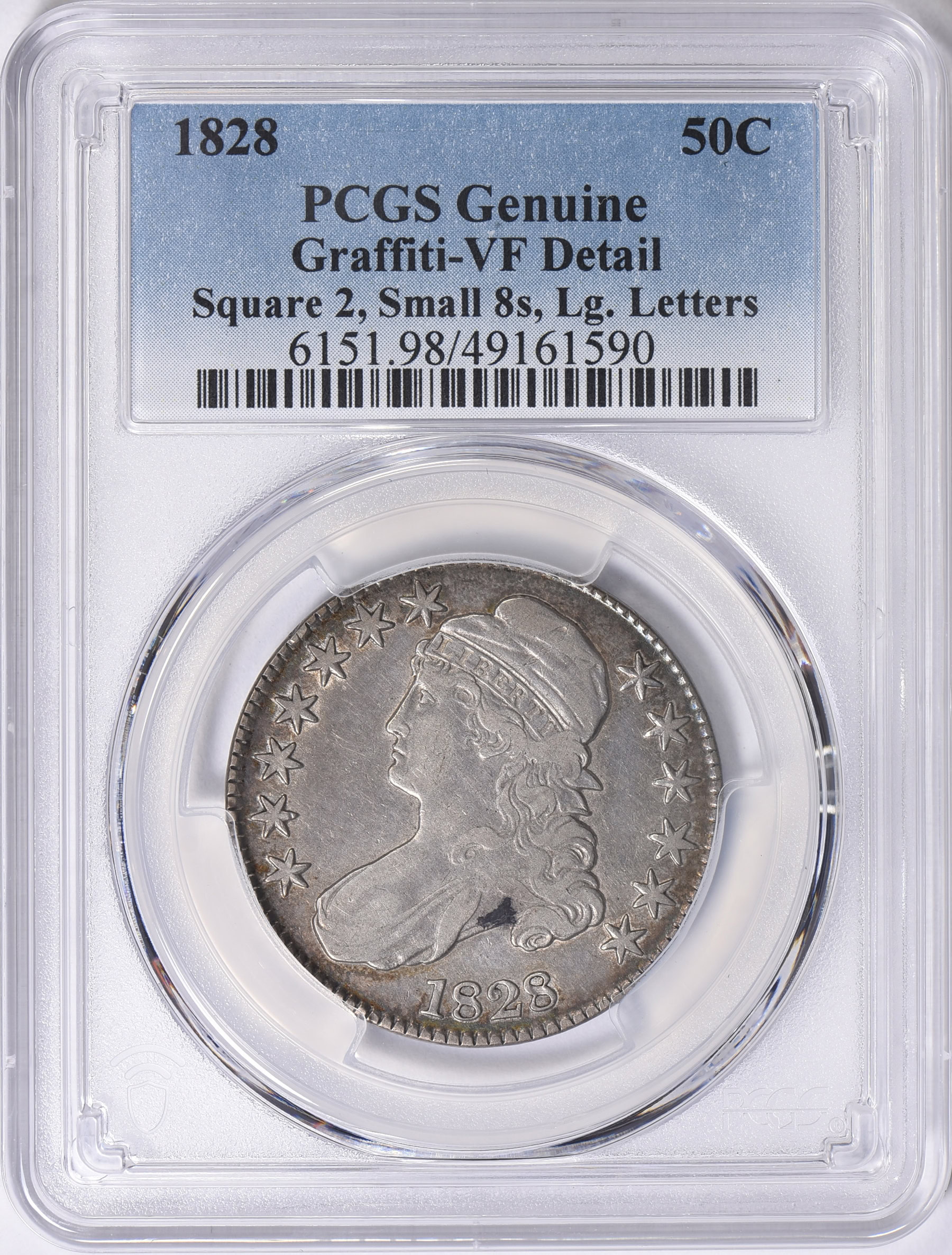 1828 Capped Bust Half Dollar Square Base 2, Small 8s, Large Letters PCGS Genuine VF Details ...