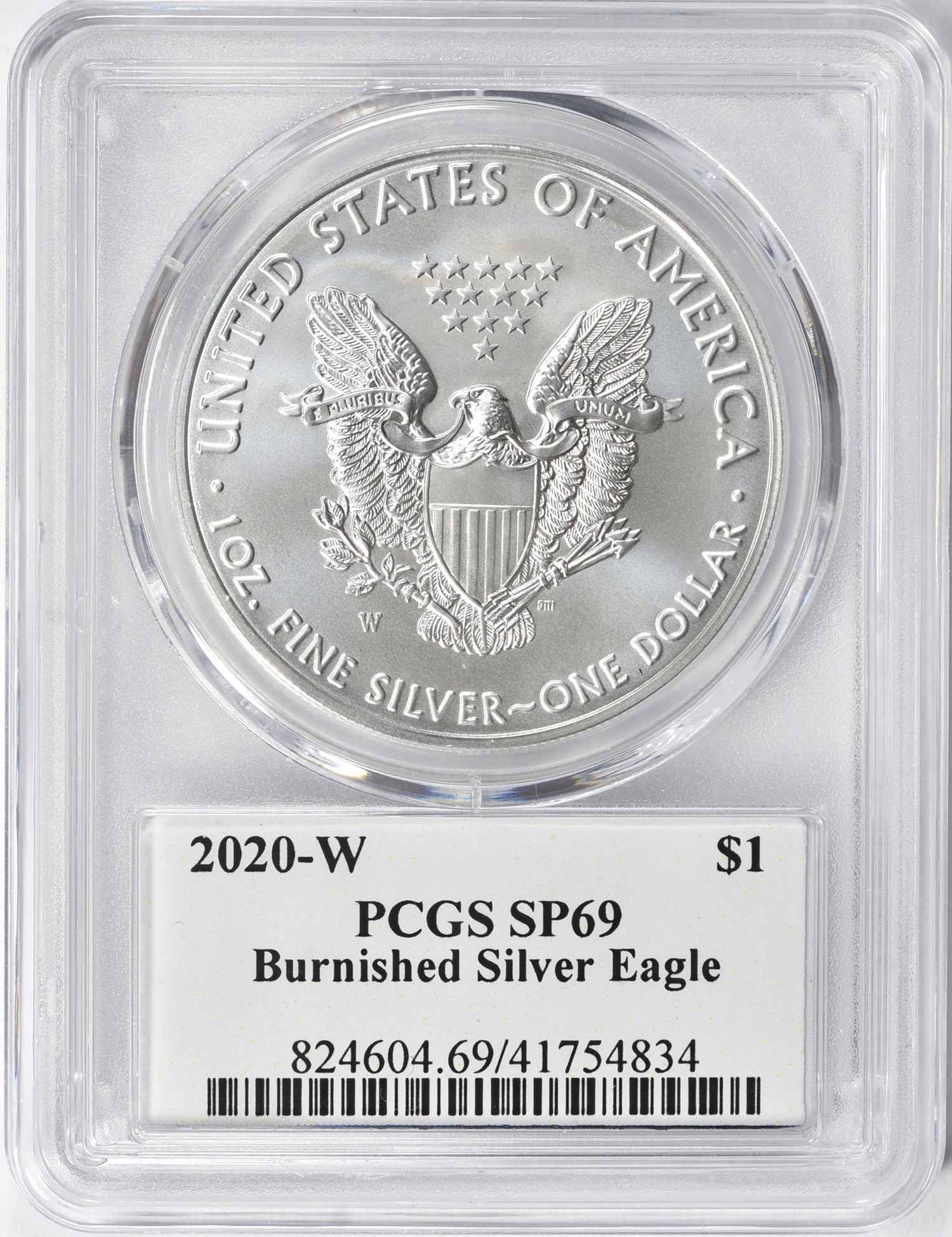 2020-W $1 Silver Eagle Burnished PCGS SP-69 (V75 Label) (Item 1650302) | GreatCollections Coin ...