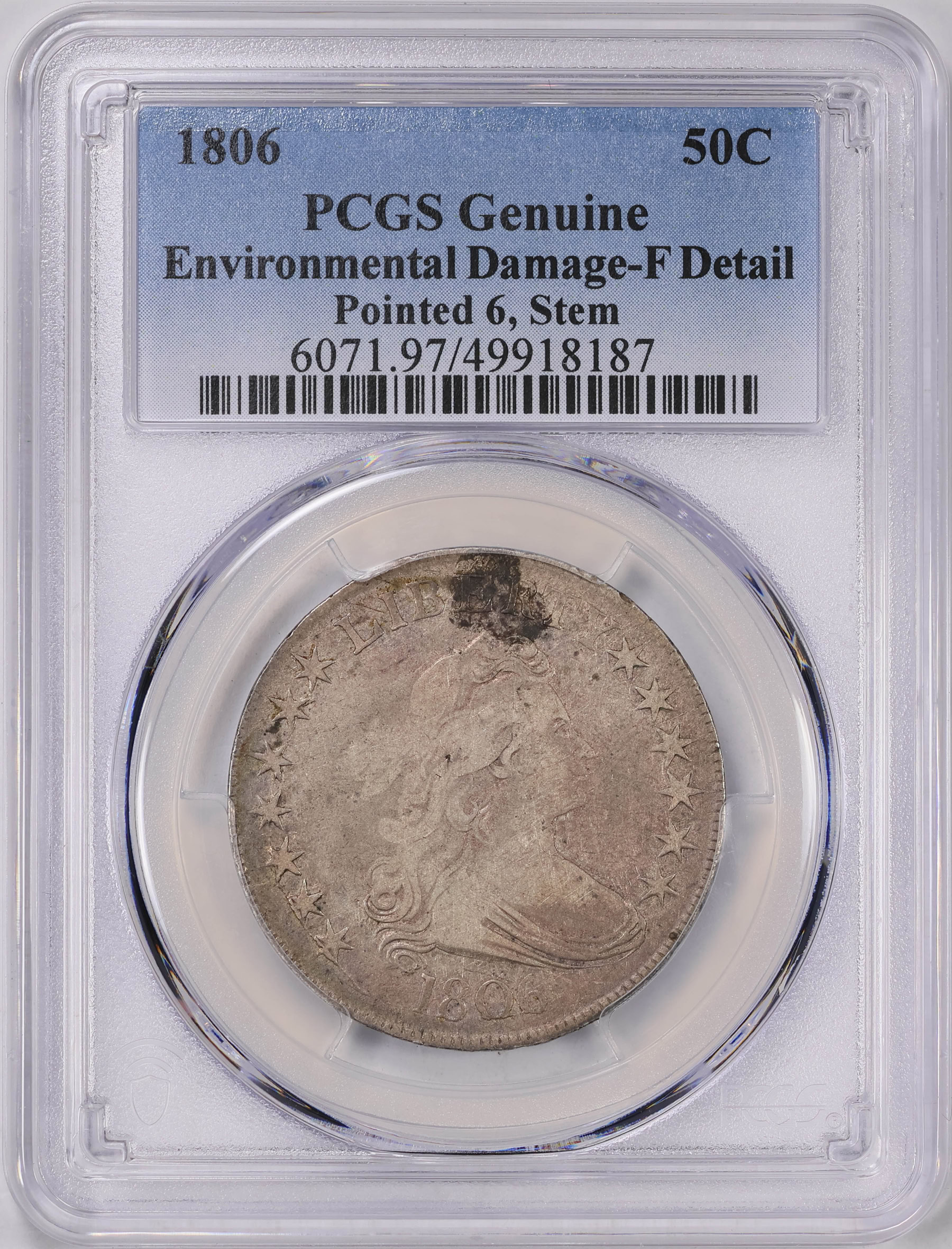 1806 Draped Bust Half Dollar Pointed 6, Stem Through Claw PCGS Genuine Fine Details (Item ...