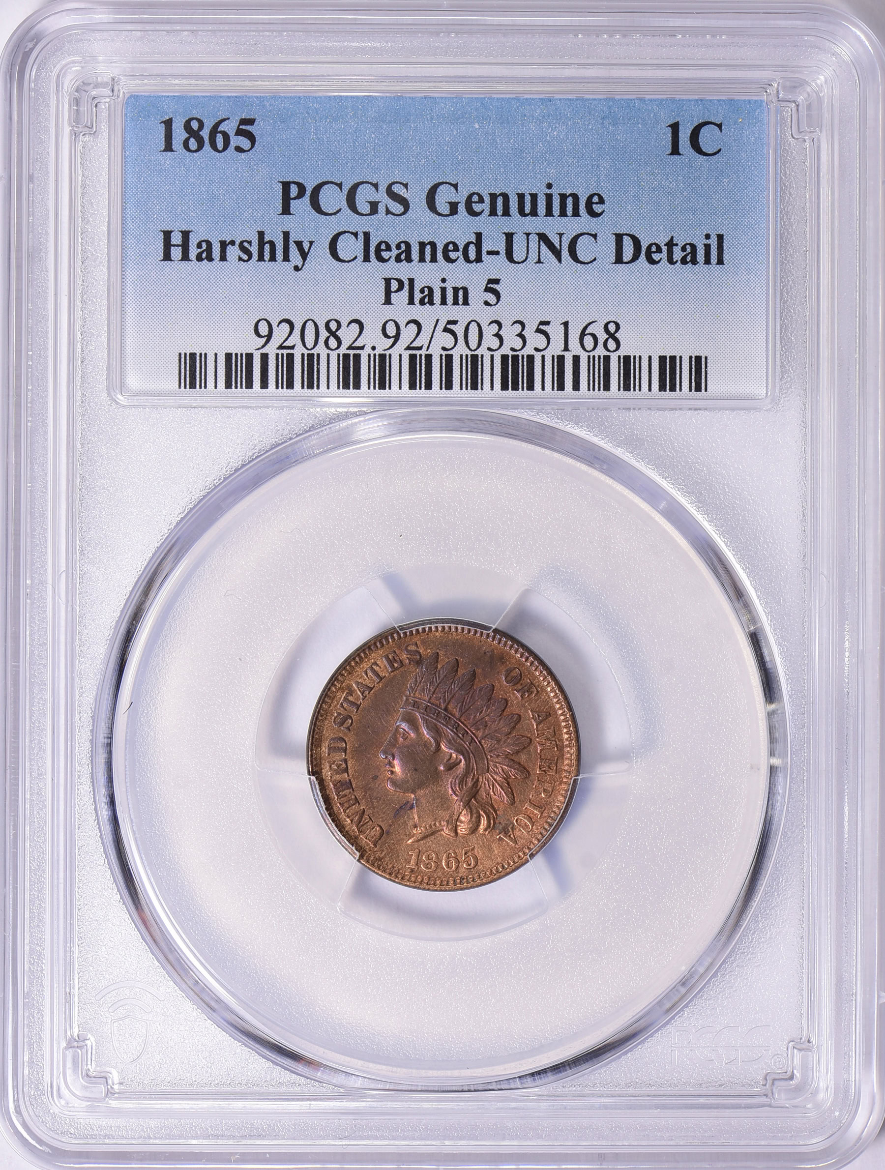 1865 Indian Cent Plain 5 PCGS Genuine Unc Details (Item 1650625) | GreatCollections Coin Auctions