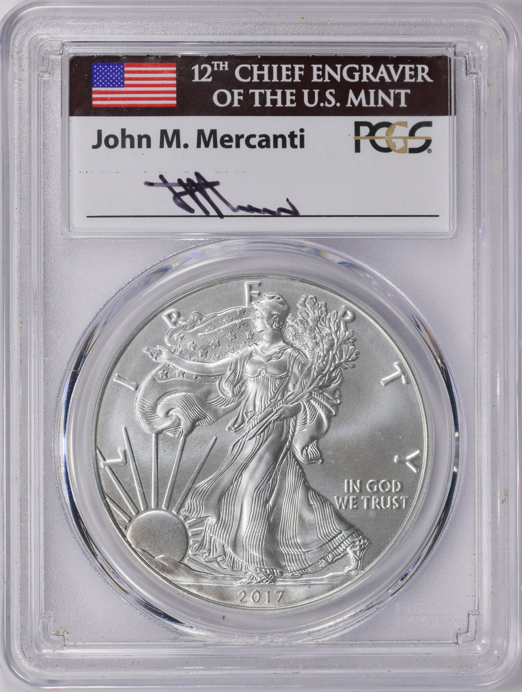 2017-W $1 Silver Eagle Burnished First Strike 1 of 500 PCGS SP-70 (Mercanti Signed Flag Label ...