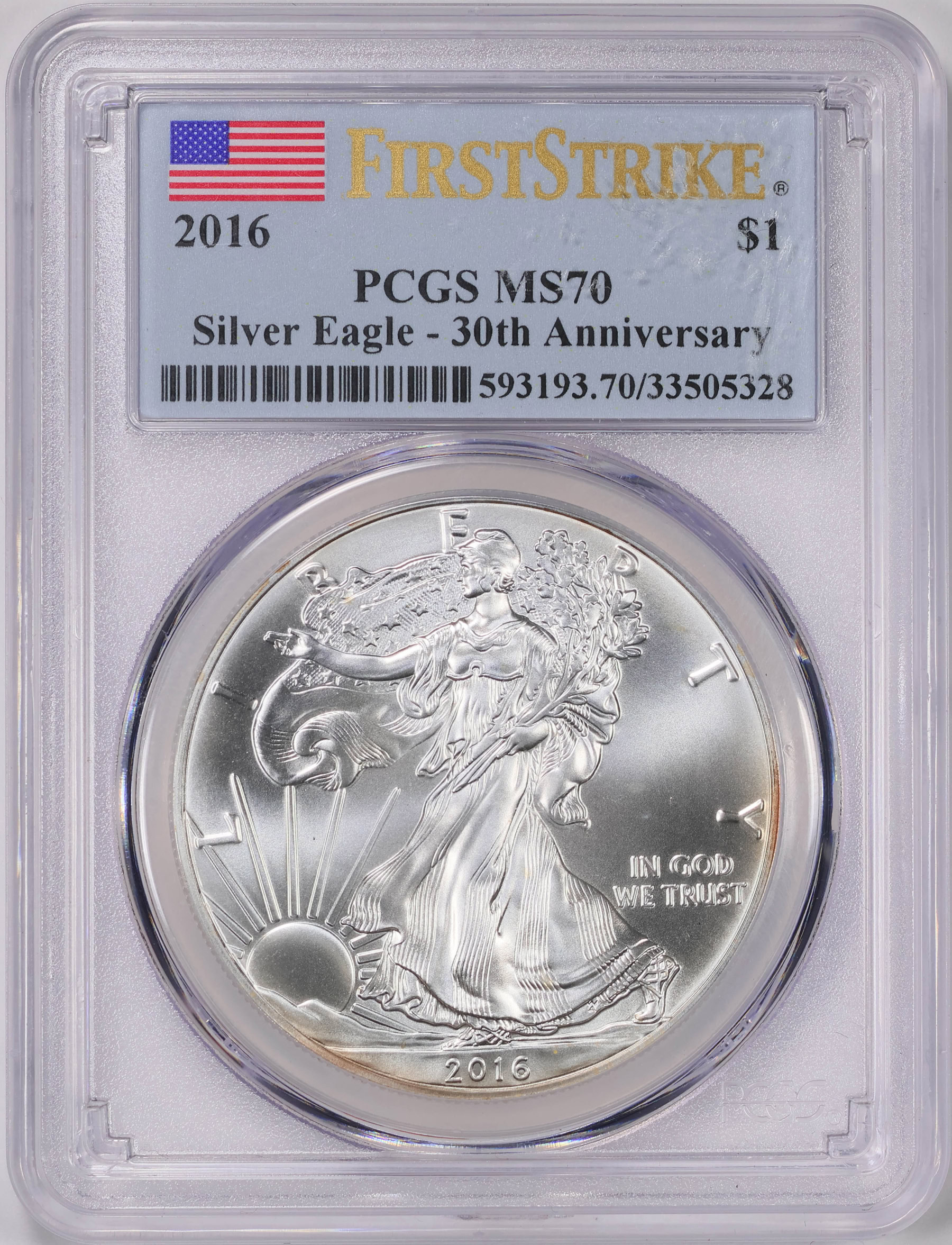 2016 $1 Silver Eagle First Strike 30th Anniversary PCGS MS-70 (Toned) (Item 1650849 ...