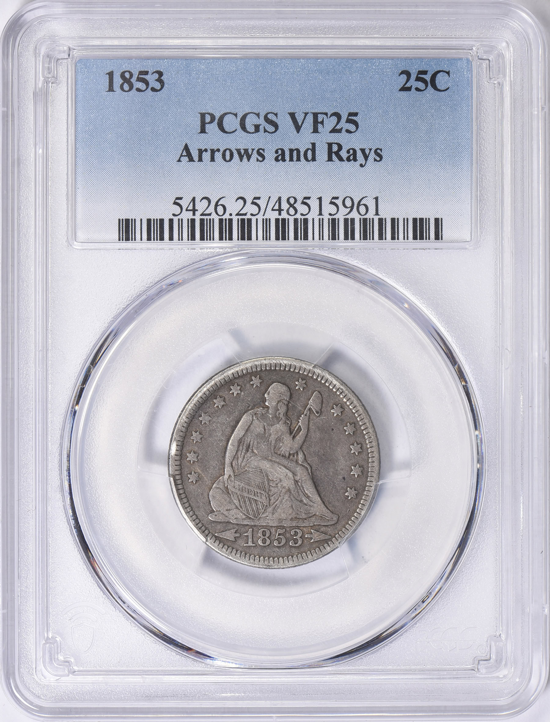 1853 Seated Liberty Quarter Arrows and Rays PCGS VF-25 (Item 1650906) | GreatCollections Coin ...
