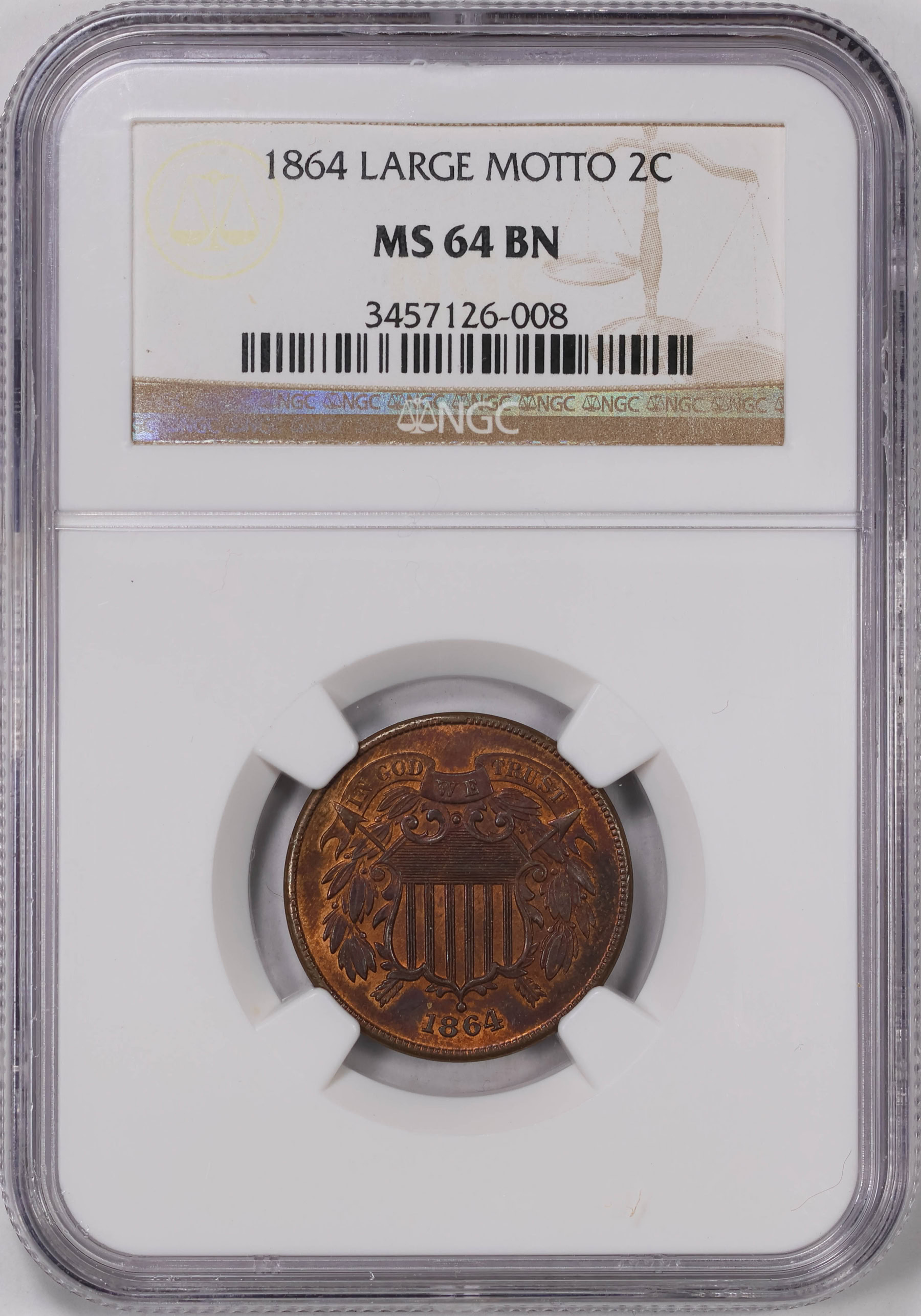 1864 Two-Cent Piece Large Motto NGC MS-64 BN (Item 1651134) | GreatCollections Coin Auctions