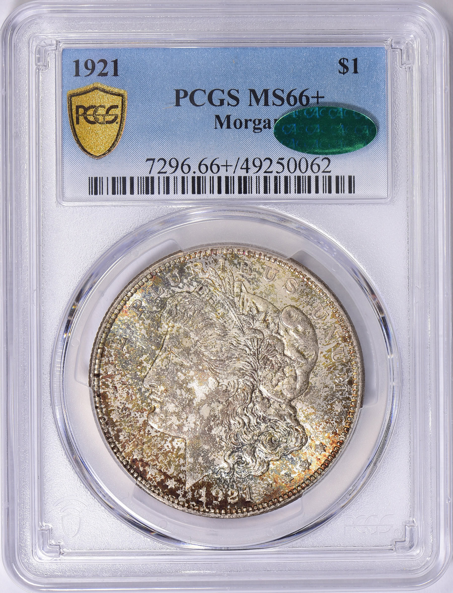 1921 Morgan Silver Dollar PCGS MS-66+ (CAC Green) (Toned) (Item 1651234) | GreatCollections Coin ...