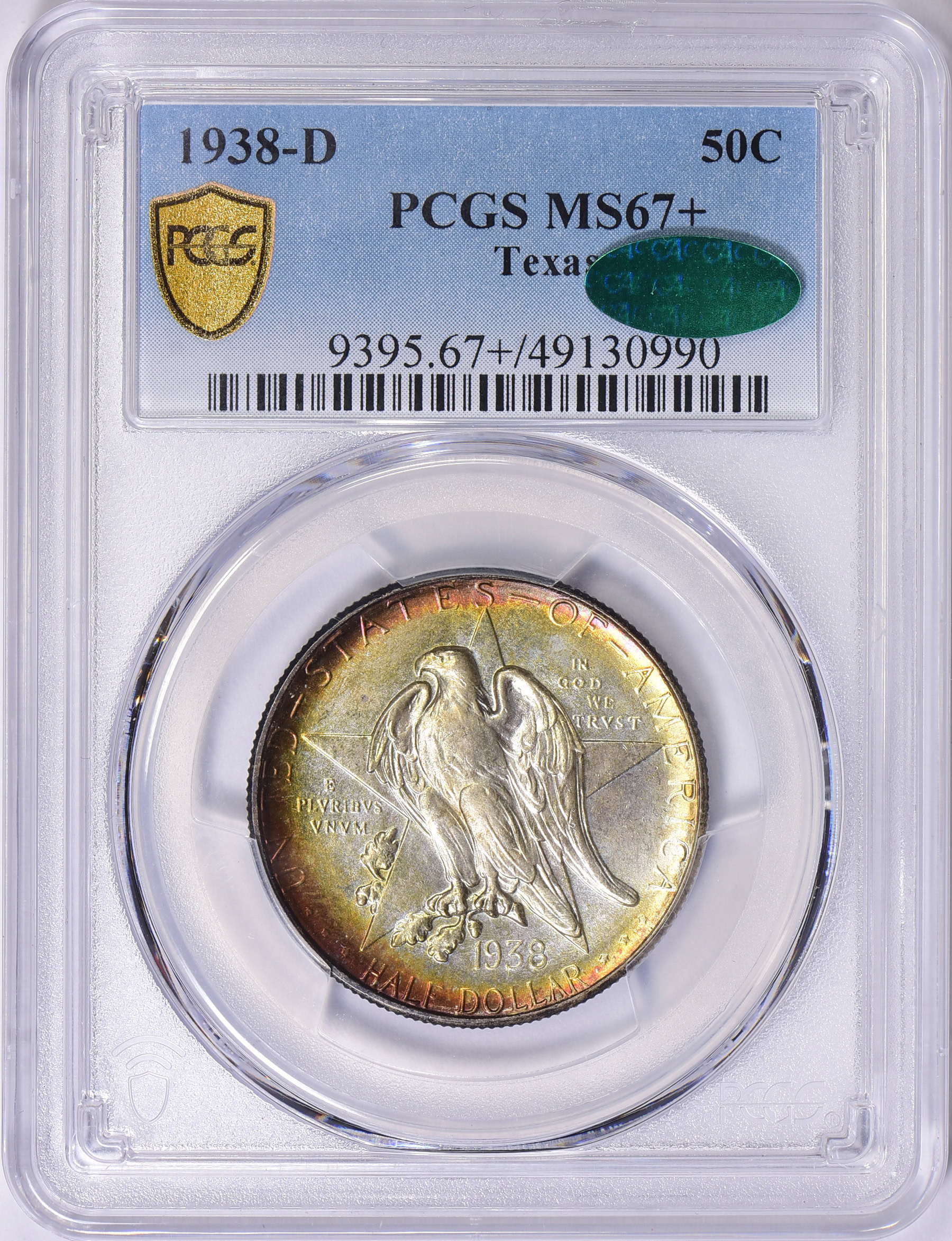 1938-D Texas Centennial Half Dollar PCGS MS-67+ (CAC Green) (Toned) (Item 1651239 ...