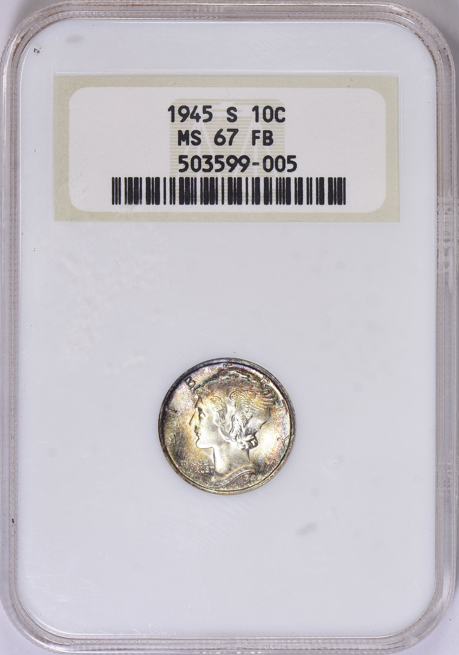 1945-S Mercury Dime NGC MS-67 FB OH (Toned) (Item 1651903) | GreatCollections Coin Auctions
