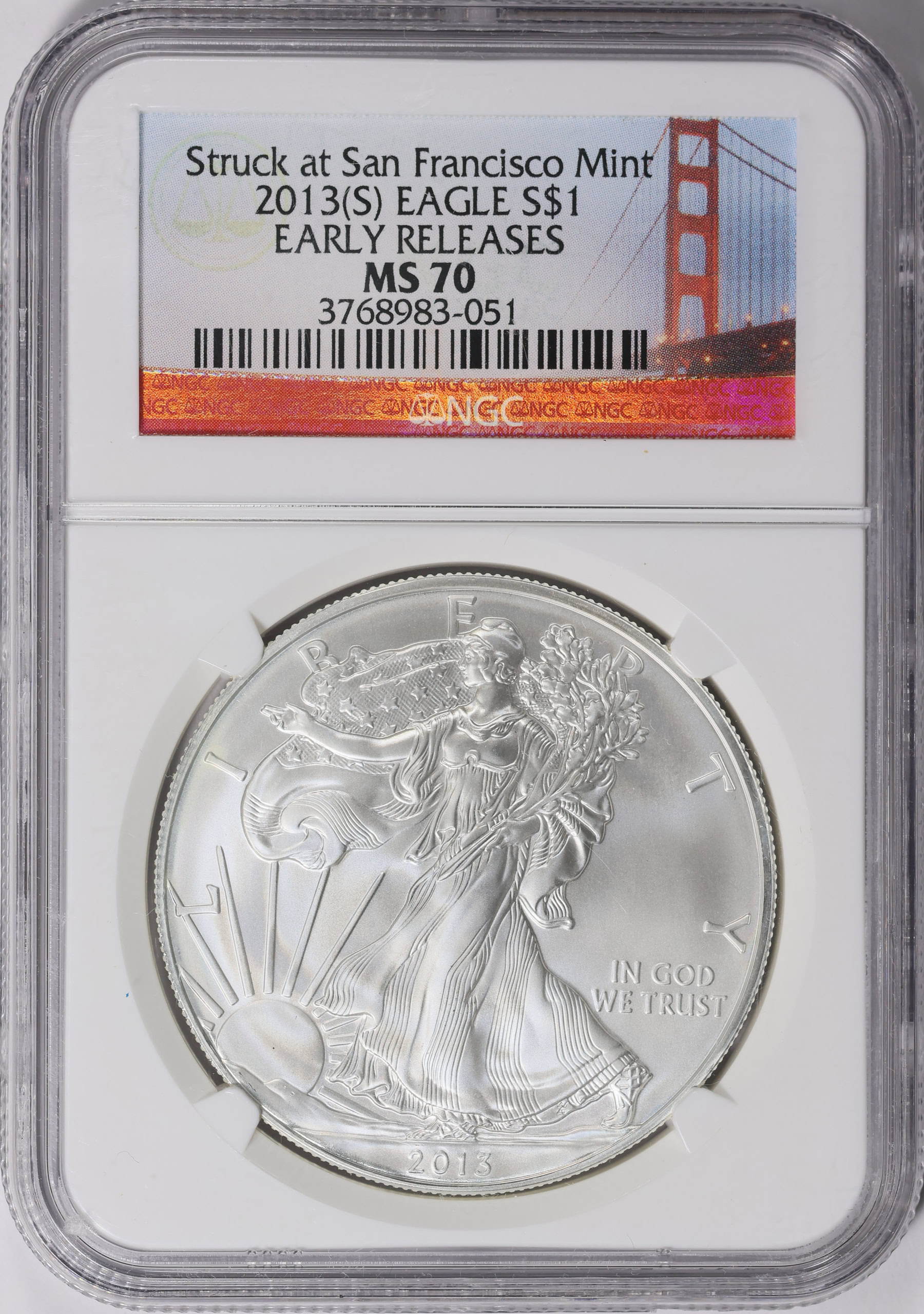 2013-(S) $1 Silver Eagle Struck at San Francisco Early Releases NGC MS-70 (SF Bridge Label ...