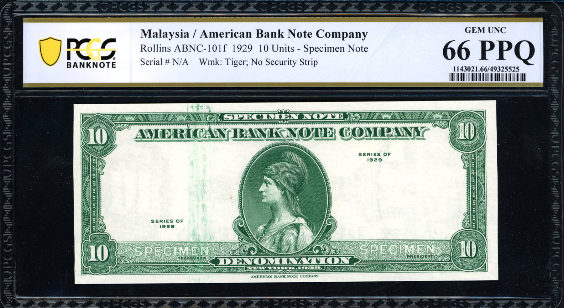 Malaysia 1929 10 Units American Bank Note Company Specimen Note No ...