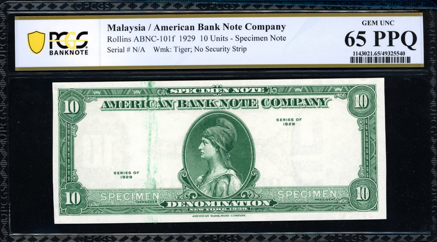 Malaysia 1929 10 Units American Bank Note Company Specimen Note No ...