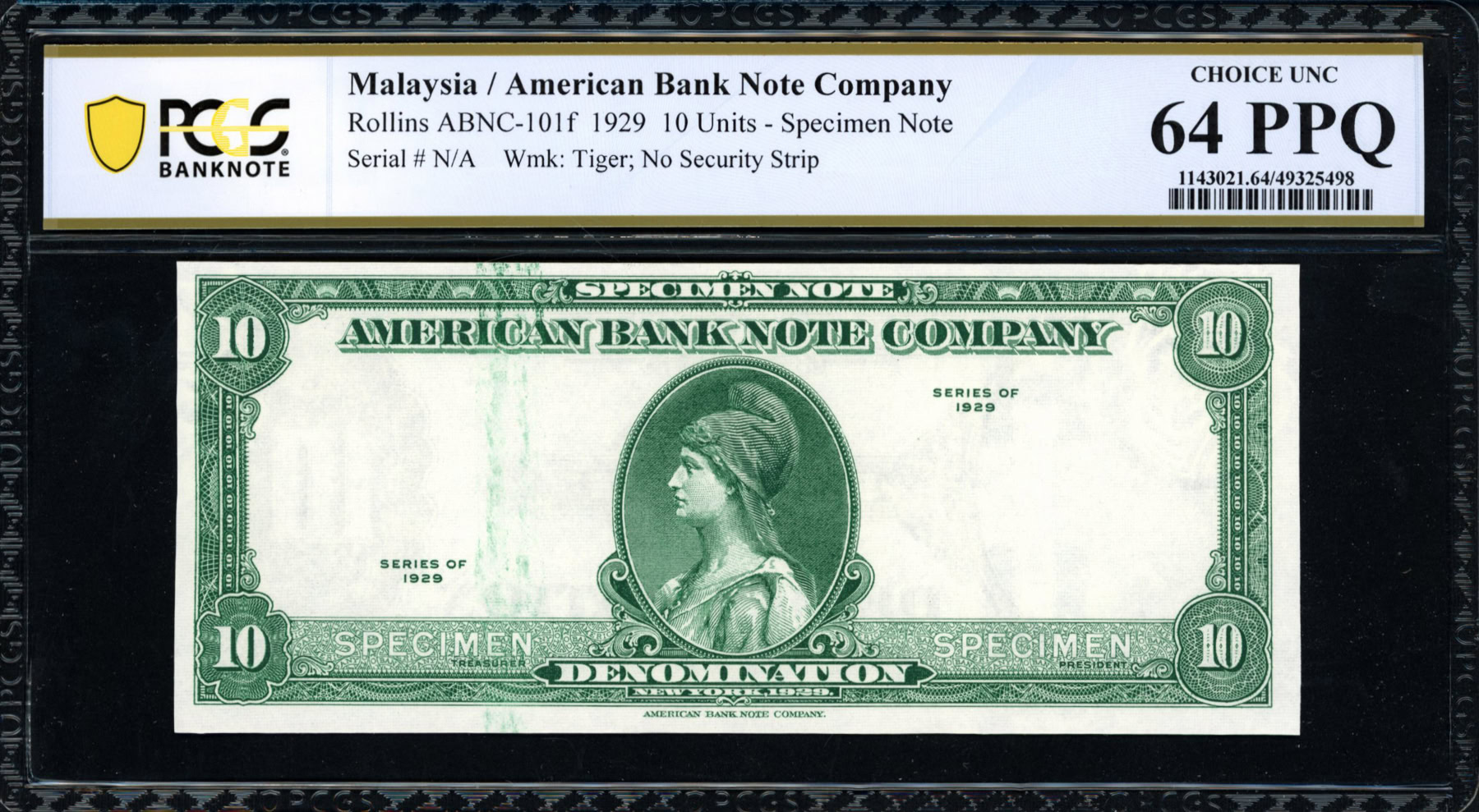 Malaysia 1929 10 Units American Bank Note Company Specimen Note No ...