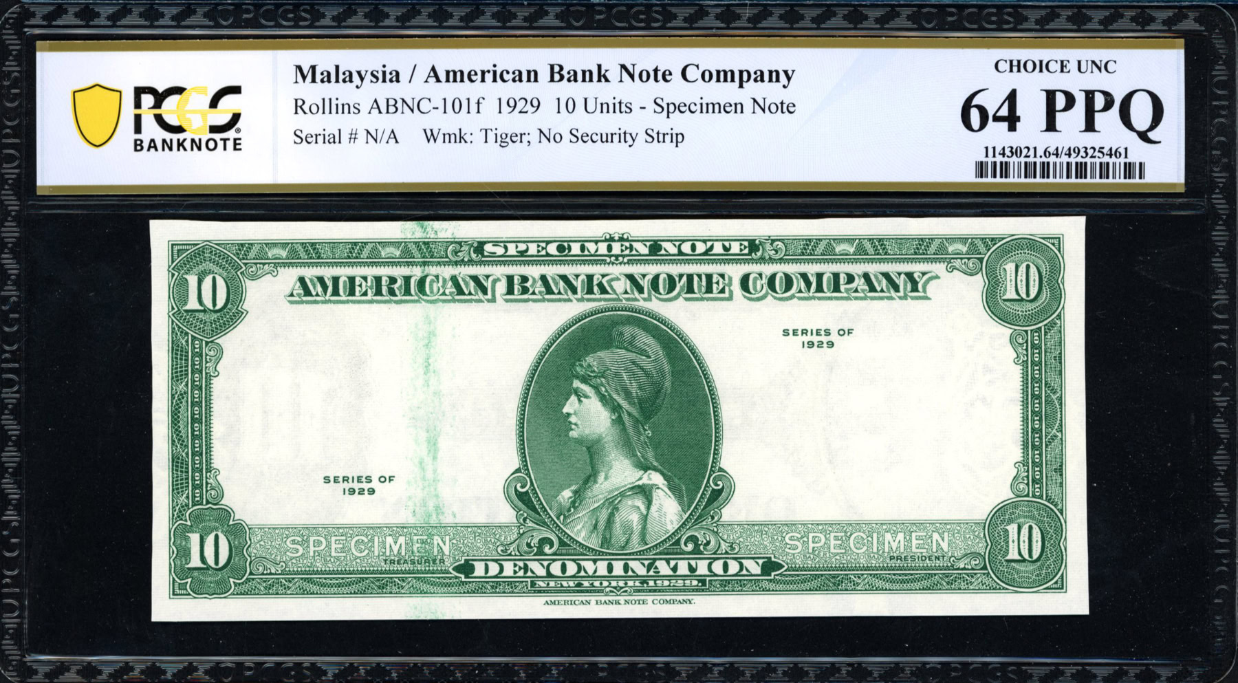 Malaysia 1929 10 Units American Bank Note Company Specimen Note No ...