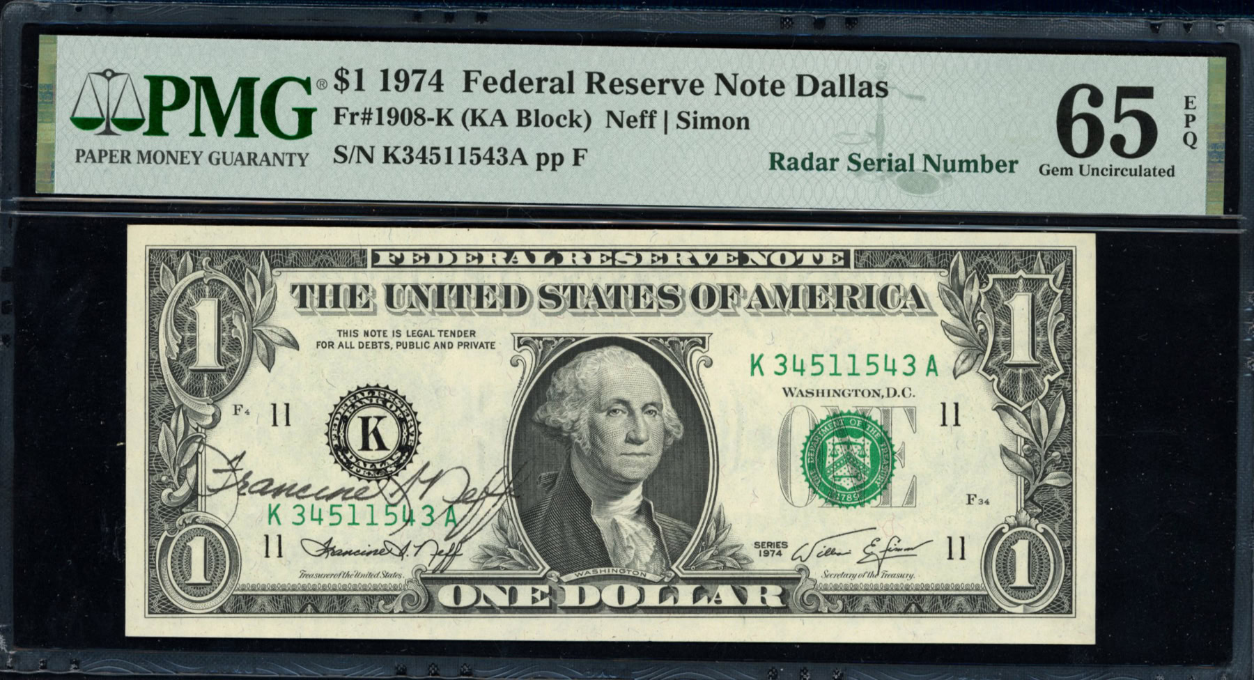 Fr. 1908-K (KA Block) 1974 $1 Dallas Federal Reserve Note Radar Serial ...