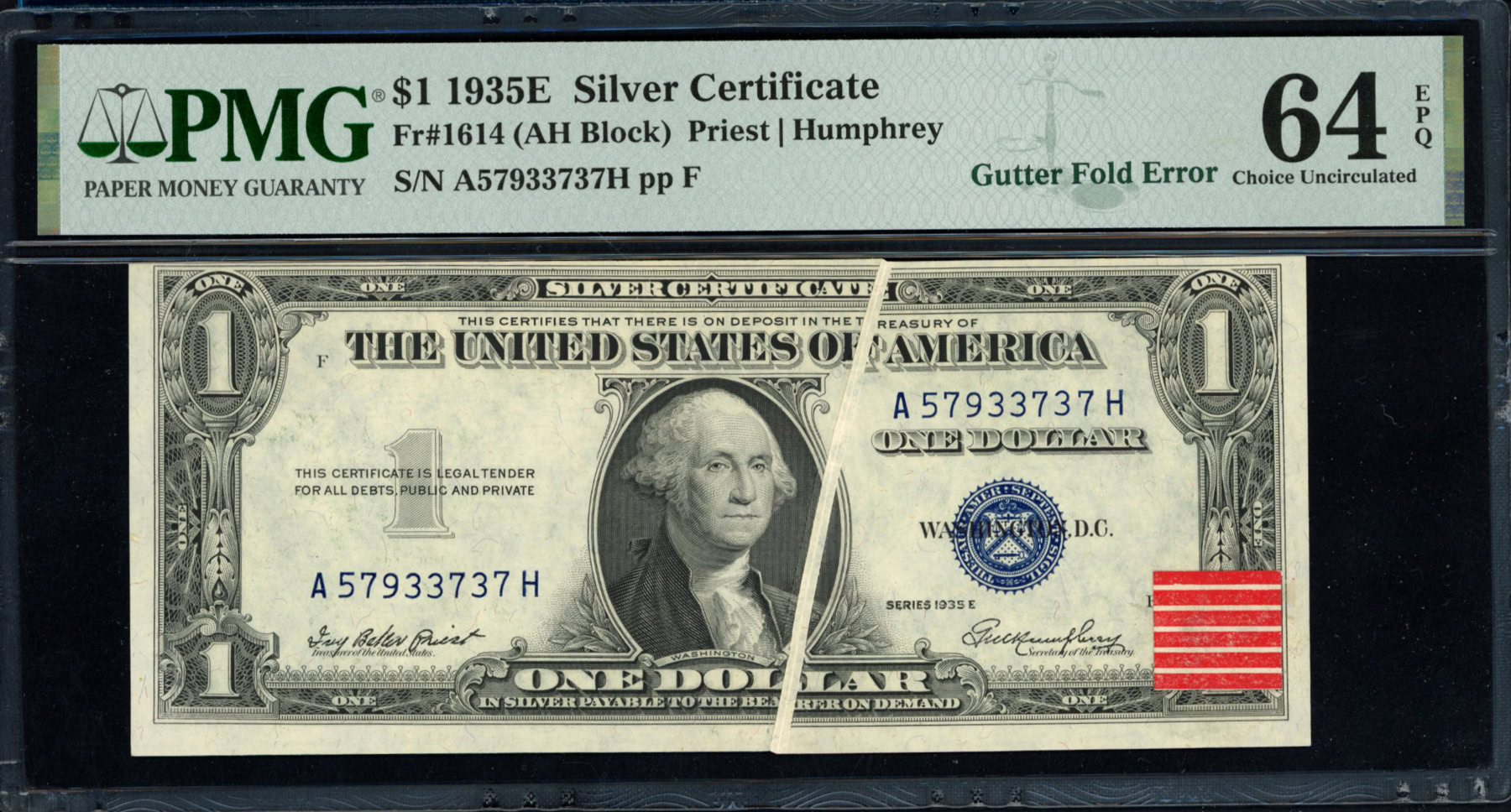 Fr. 1614 (AH Block) 1935E $1 Silver Certificate Error Note Gutter Fold ...