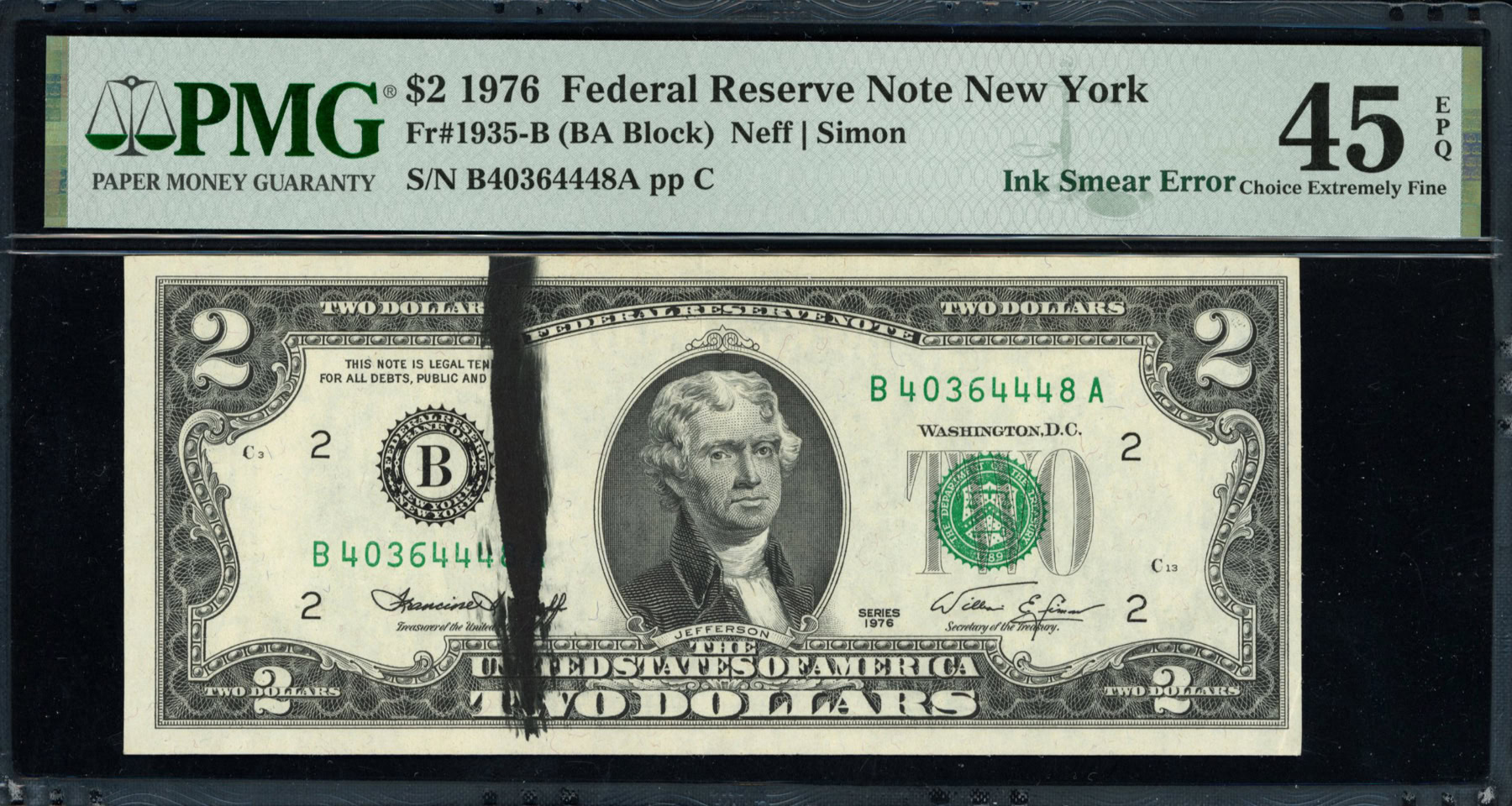 Fr. 1935-B (BA Block) 1976 $2 New York Federal Reserve Error Note Ink ...