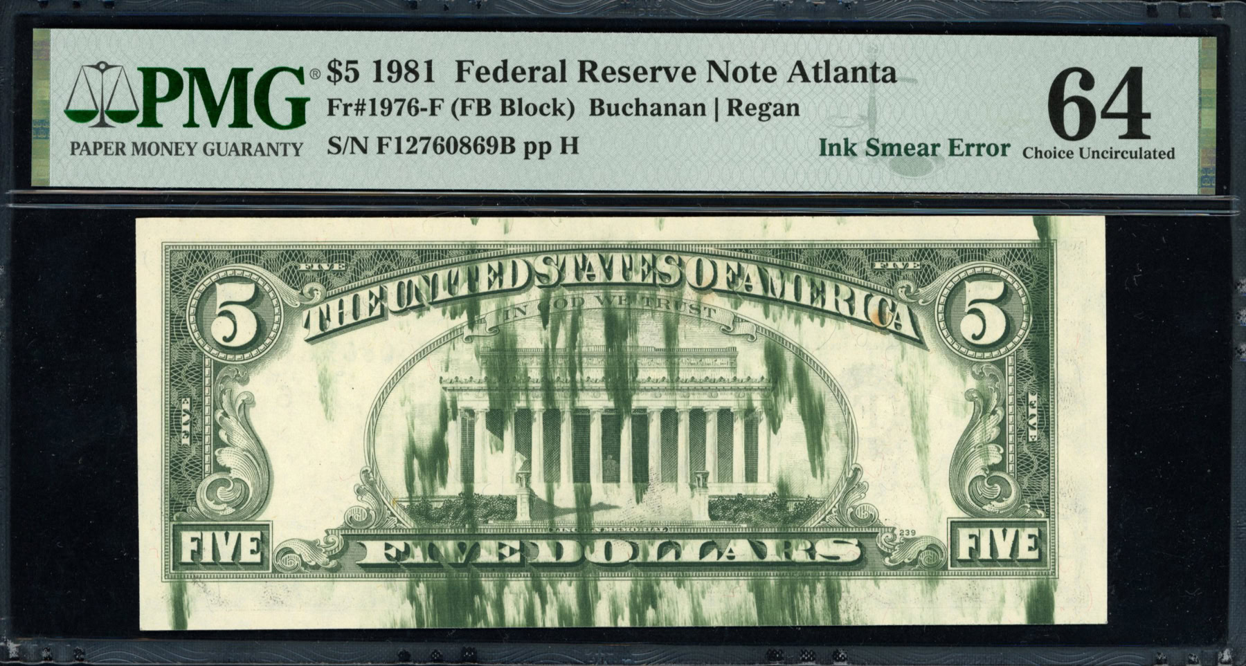Fr. 1976-F (FB Block) 1981 $5b Atlanta Federal Reserve Error Note Ink ...