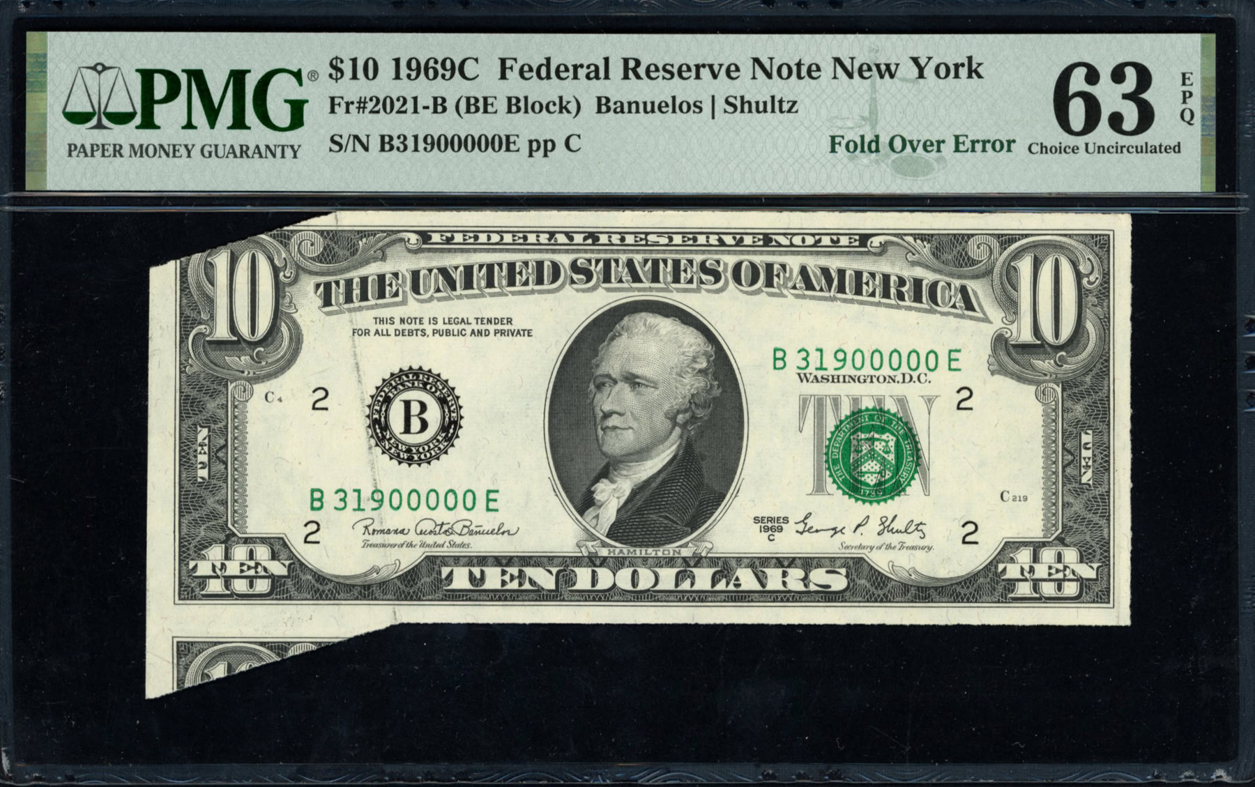 Fr. 2021-B (BE Block) 1969C $10 New York Federal Reserve Error Note ...