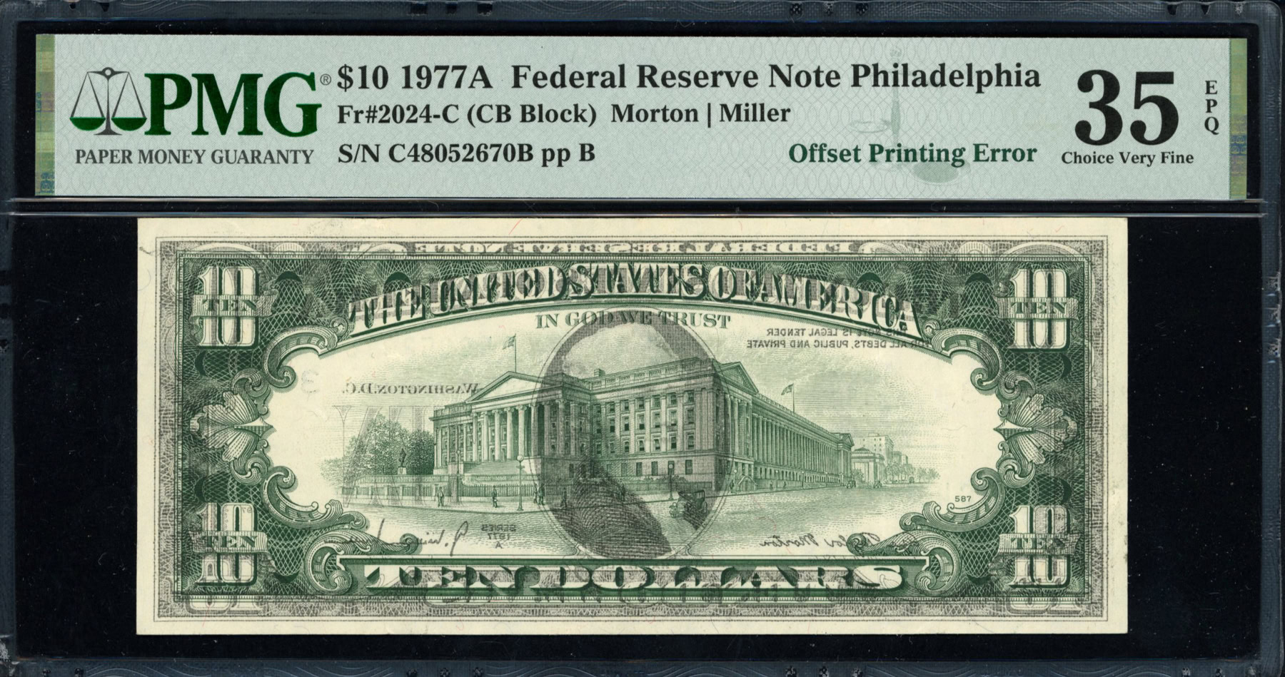 Fr. 2024-C (CB Block) 1977A $10 Philadelphia Federal Reserve Error Note ...