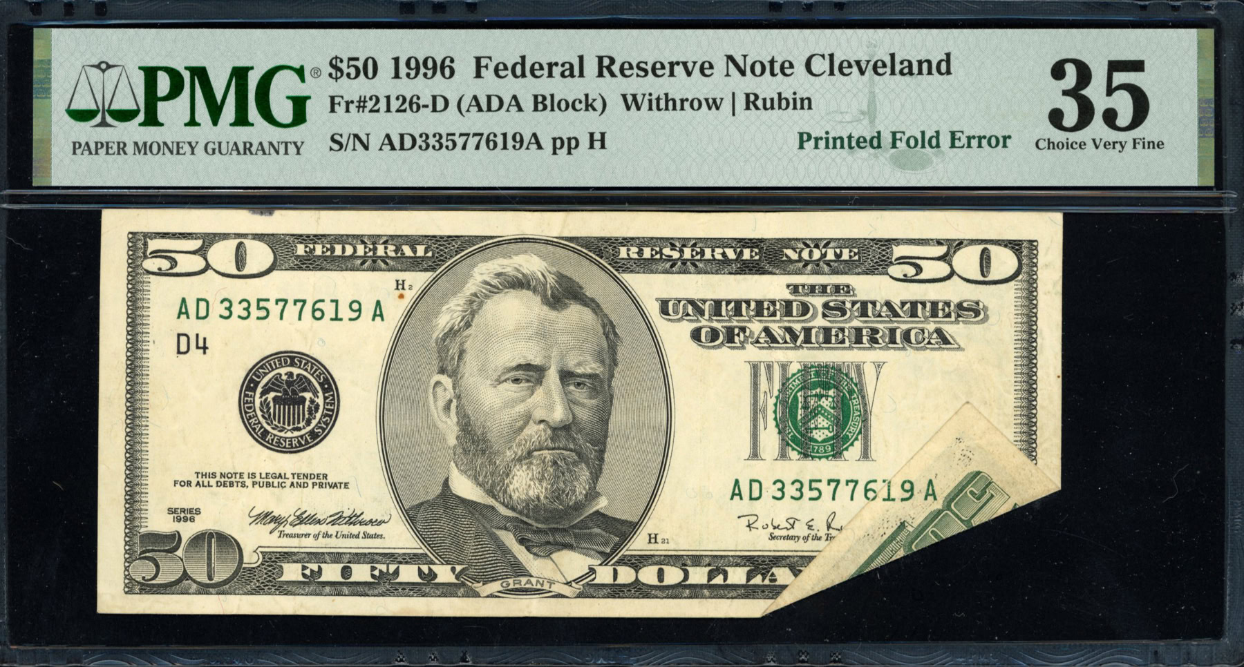 Fr. 2126-D (ADA Block) 1996 $50 Cleveland Federal Reserve Error Note ...