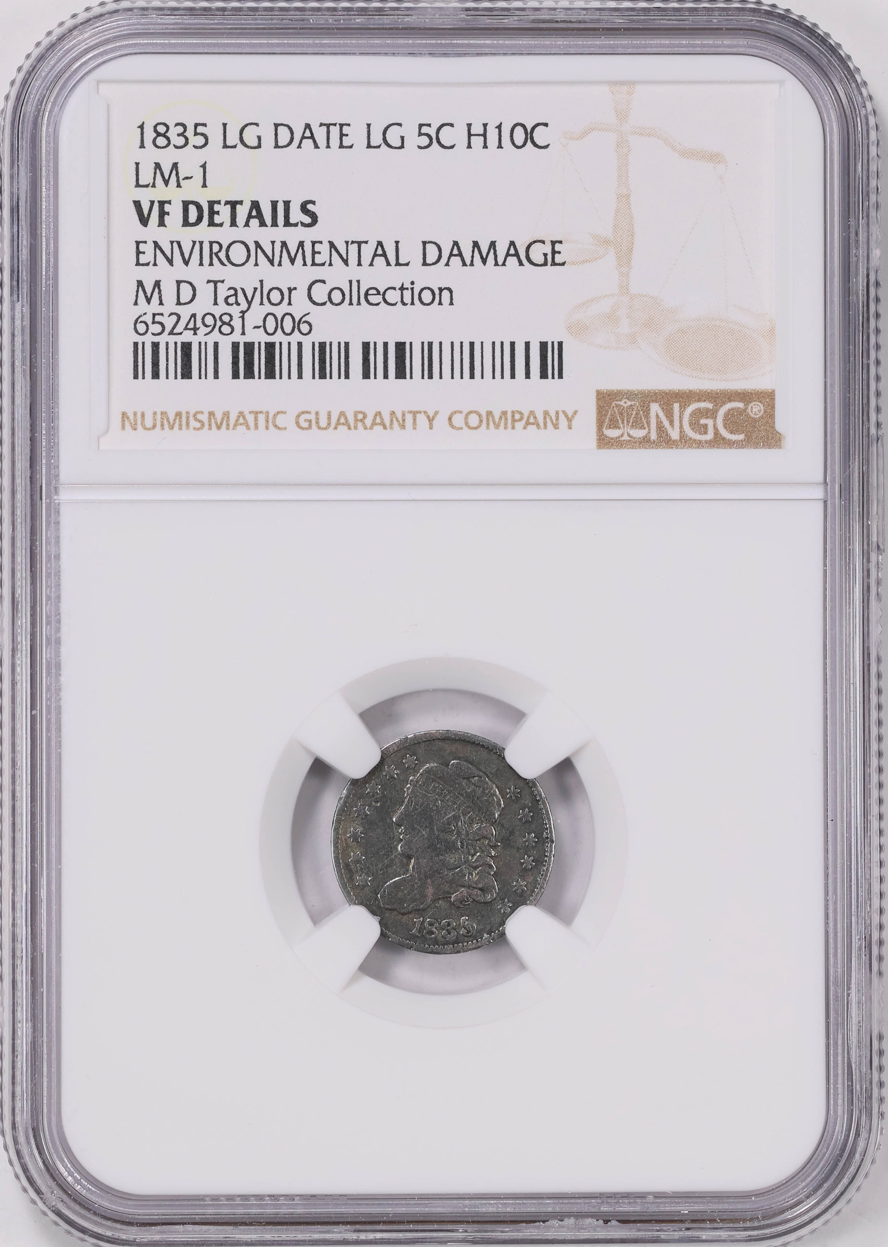 1835 Capped Bust Half Dime Large Date, Large 5 LM-1 NGC VF Details (M D ...