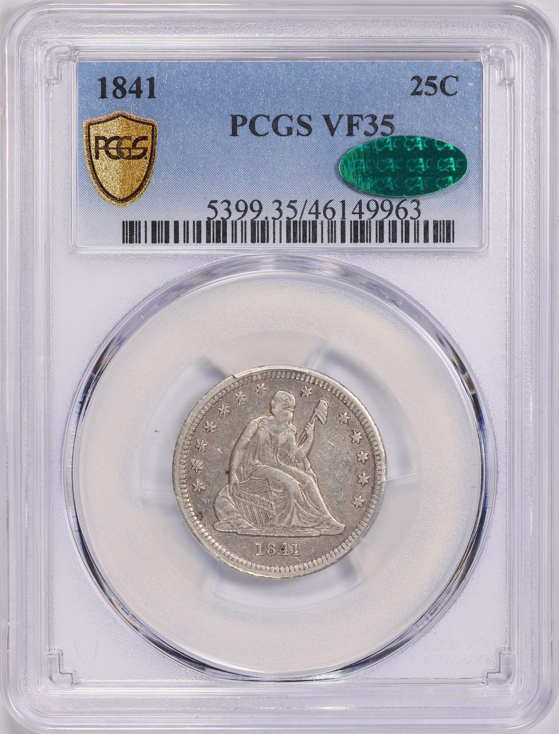 1841 Seated Liberty Quarter PCGS VF-35 (CAC Green) (Item 1653086) | GreatCollections Coin Auctions