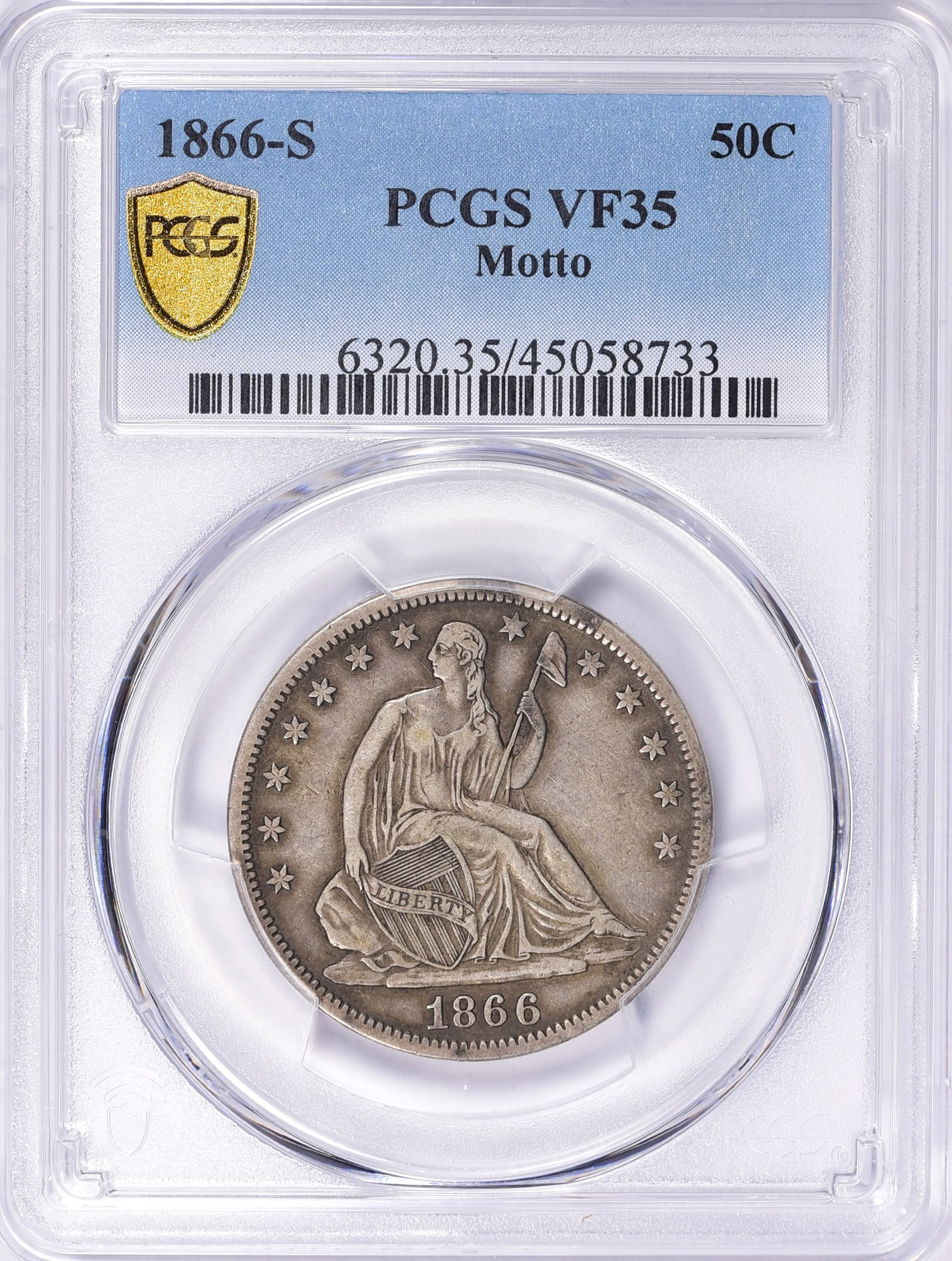 1866-S Seated Liberty Half Dollar Motto PCGS VF-35 (Item 1653107) | GreatCollections Coin Auctions