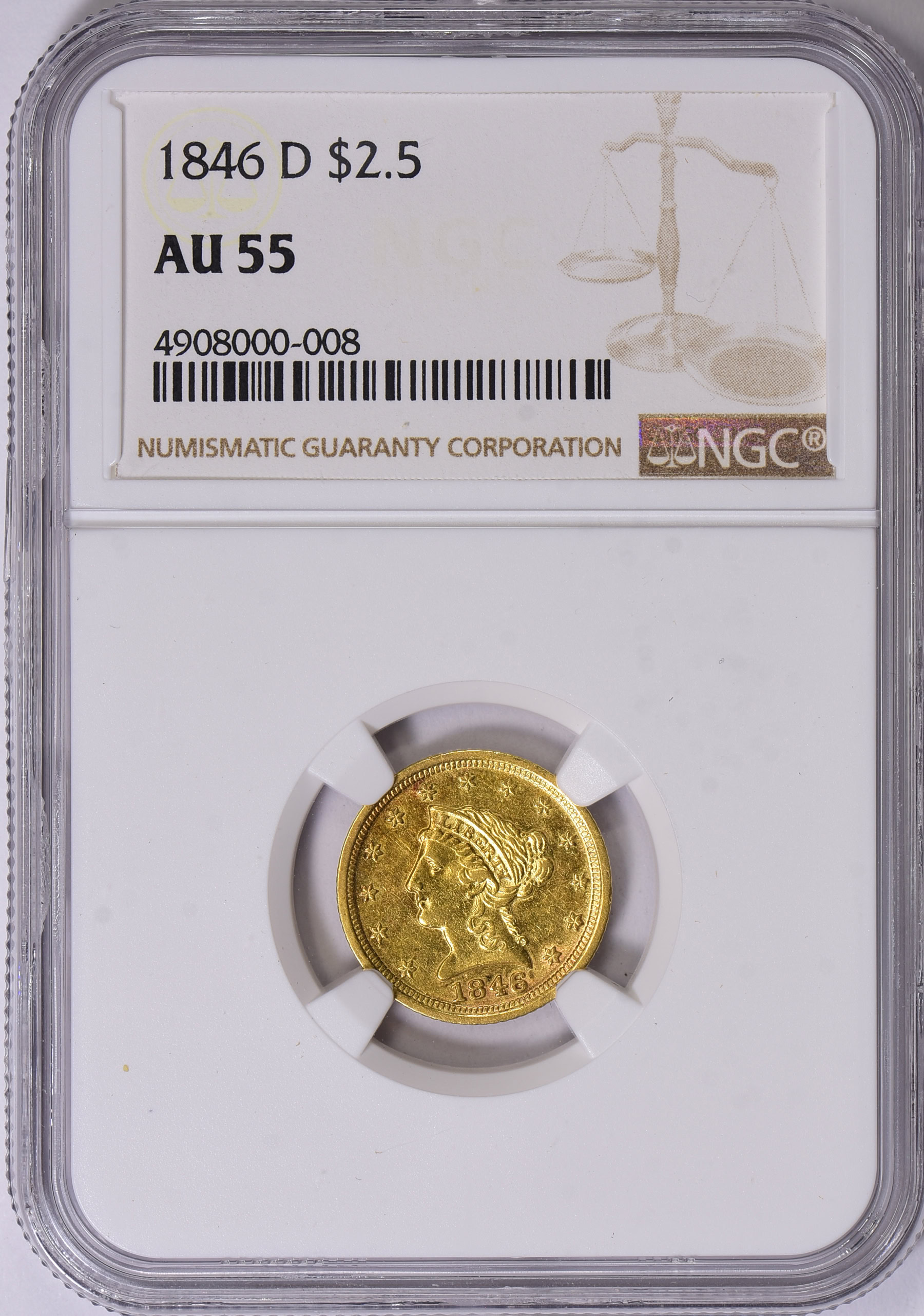 1846-D Liberty Gold Quarter Eagle NGC AU-55 (Item 1653188) | GreatCollections Coin Auctions