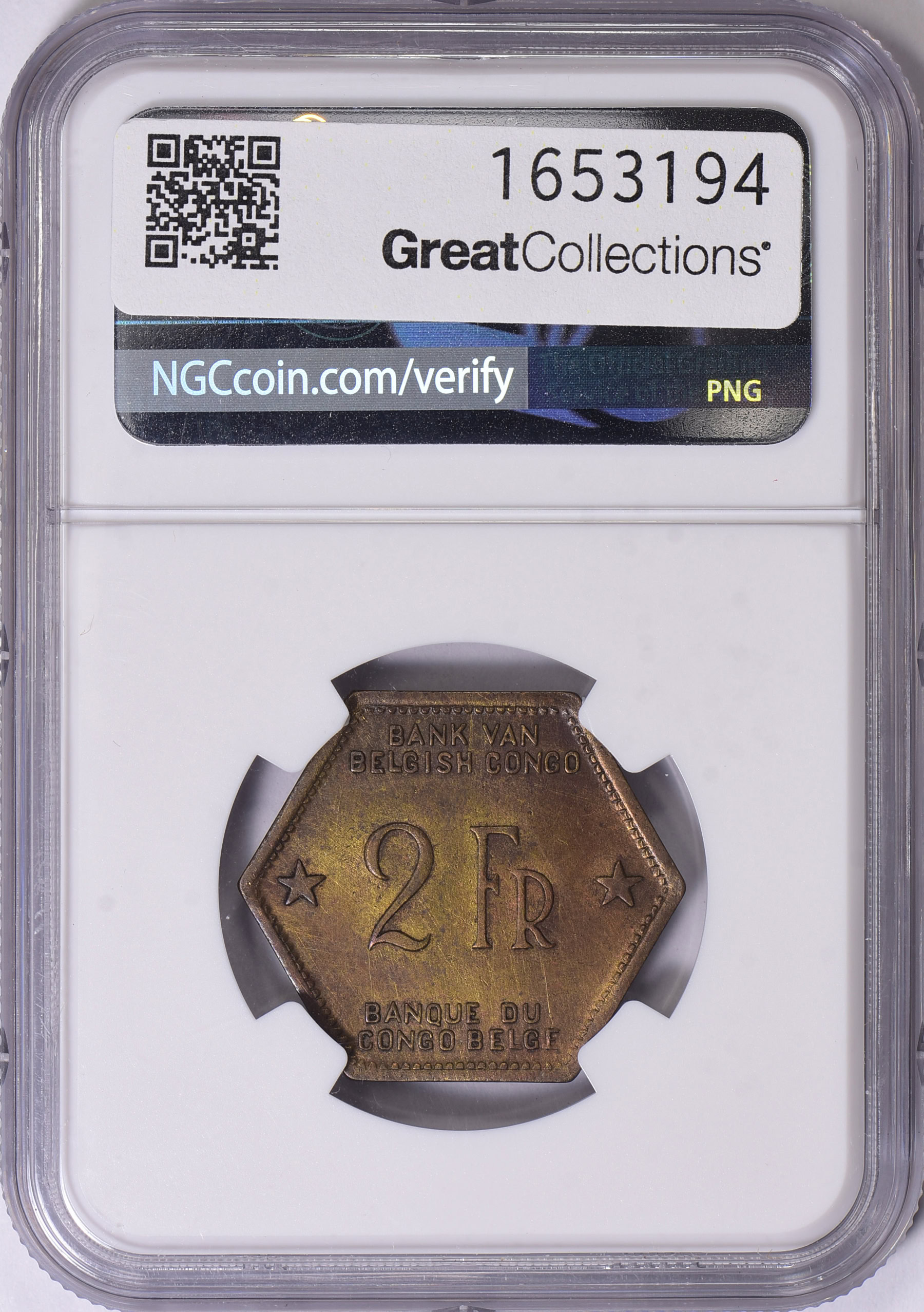 Belgian Congo 1943 2 Francs KM-25 NGC AU Details | NGC Cert #6509801-011 | GreatCollections Coin ...