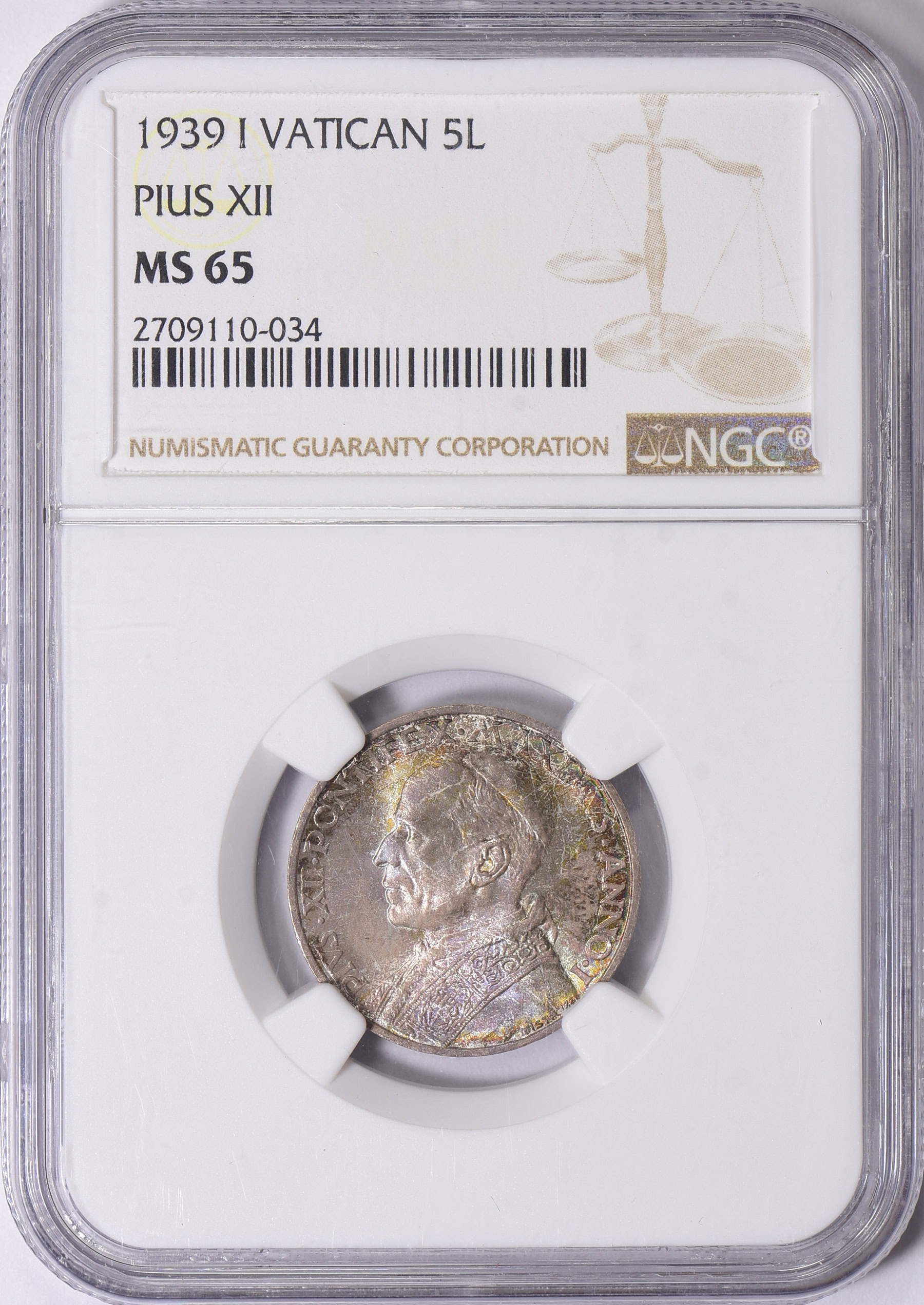Vatican City 1939 Year I Silver 5 Lire Pius XII KM-28 NGC MS-65 (Toned) | NGC Cert #2709110-034 ...