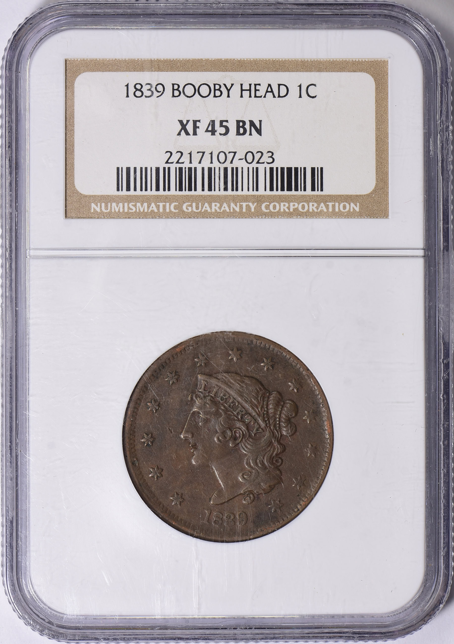 1839 Matron Cent Booby Head NGC XF-45 BN (Item 1653333) | GreatCollections Coin Auctions