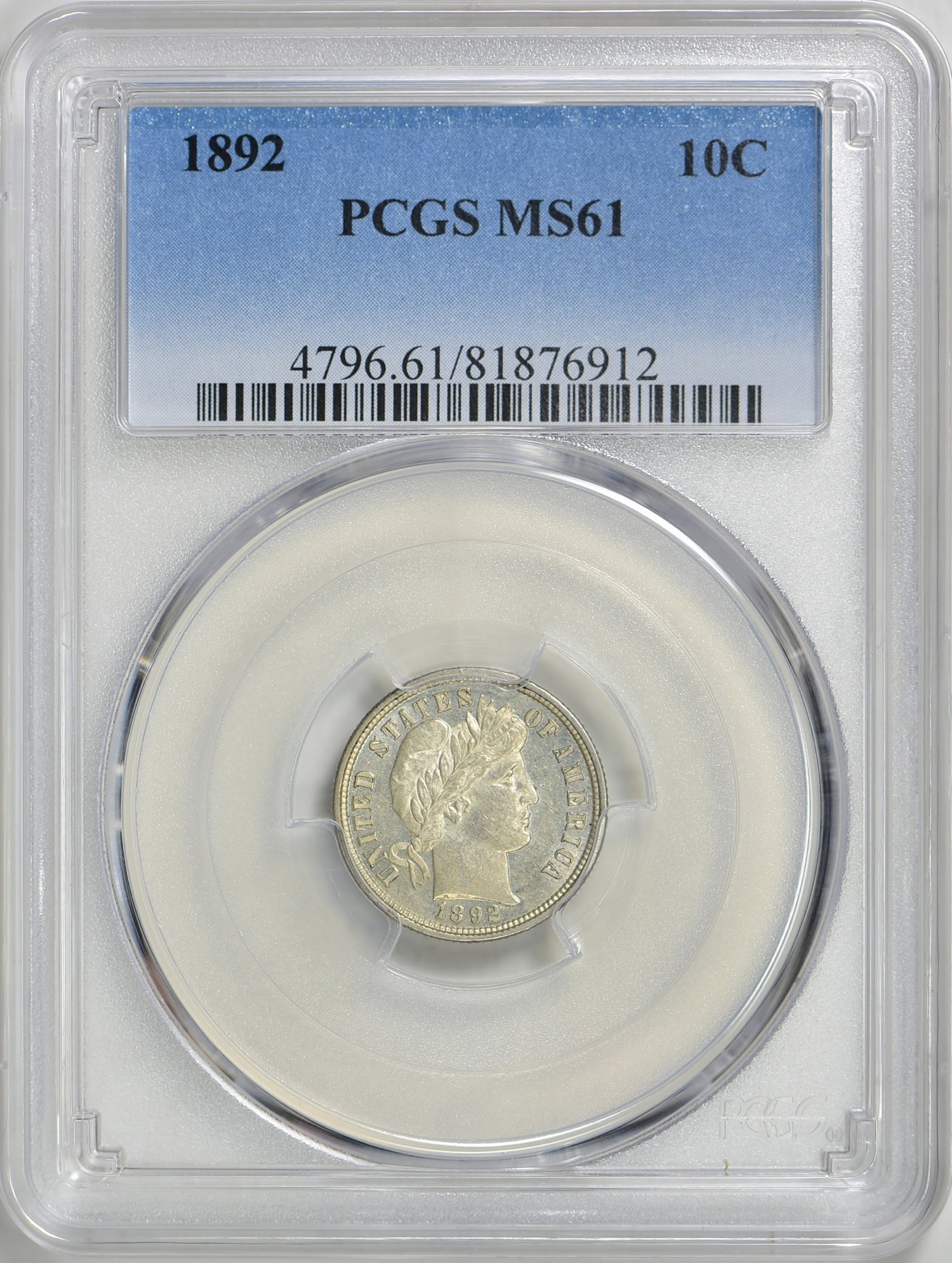 1892 Barber Dime PCGS MS-61 (Item 1653391) | GreatCollections Coin Auctions
