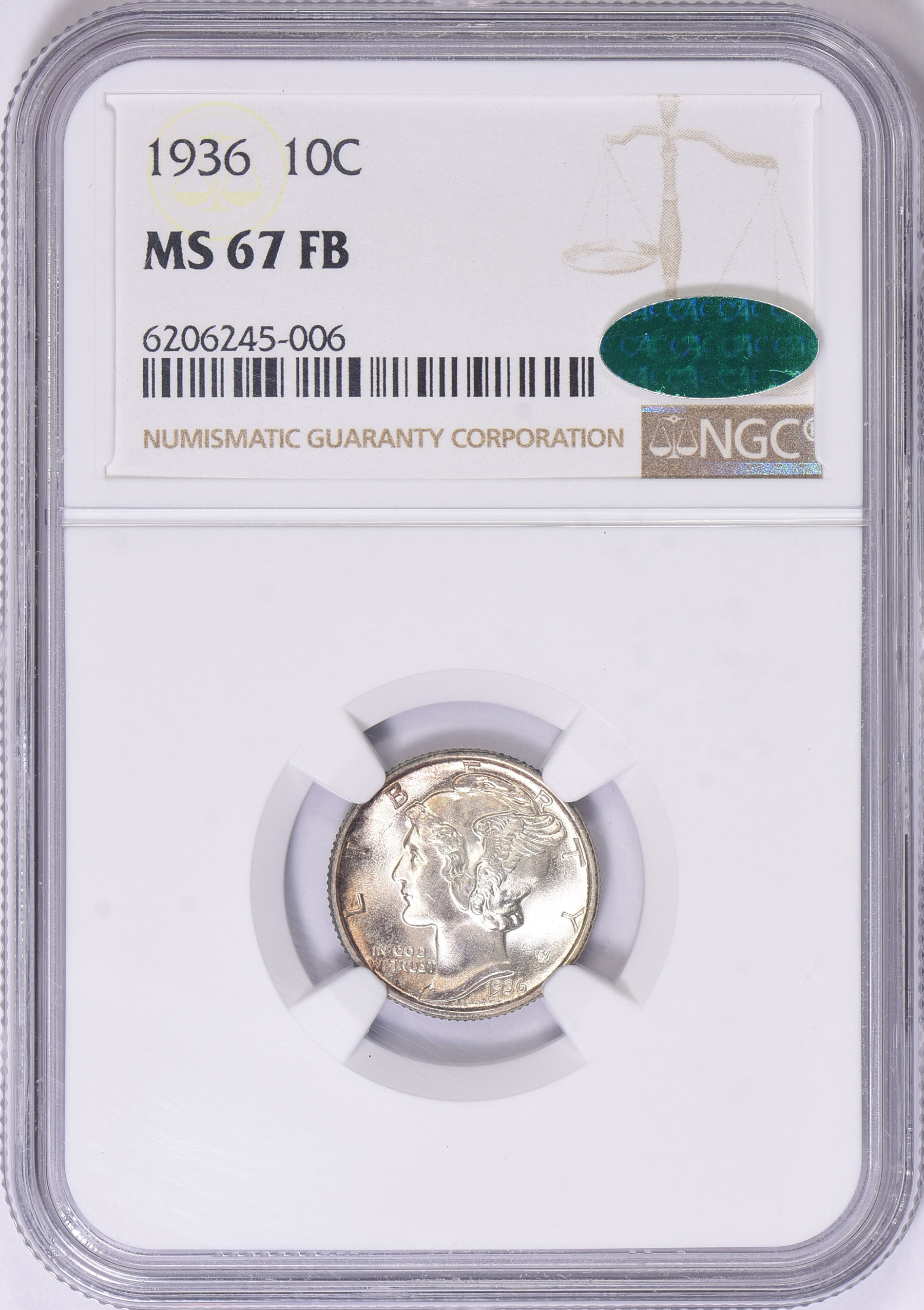 1936 Mercury Dime NGC MS-67 FB (CAC Green) (Toned) (Item 1653597) | GreatCollections Coin Auctions