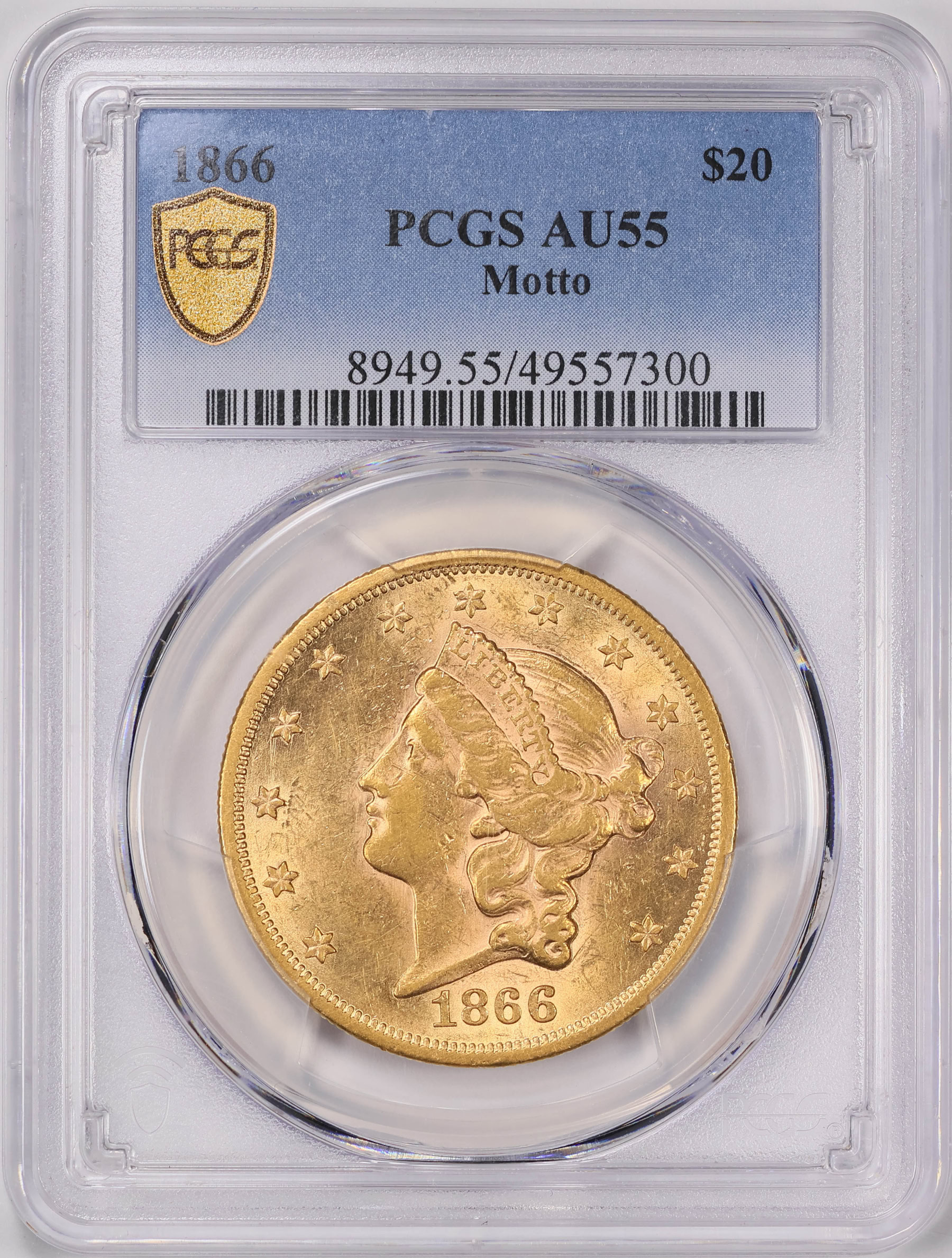 1866 Liberty Gold Double Eagle Motto PCGS AU-55 (Item 1653747) | GreatCollections Coin Auctions