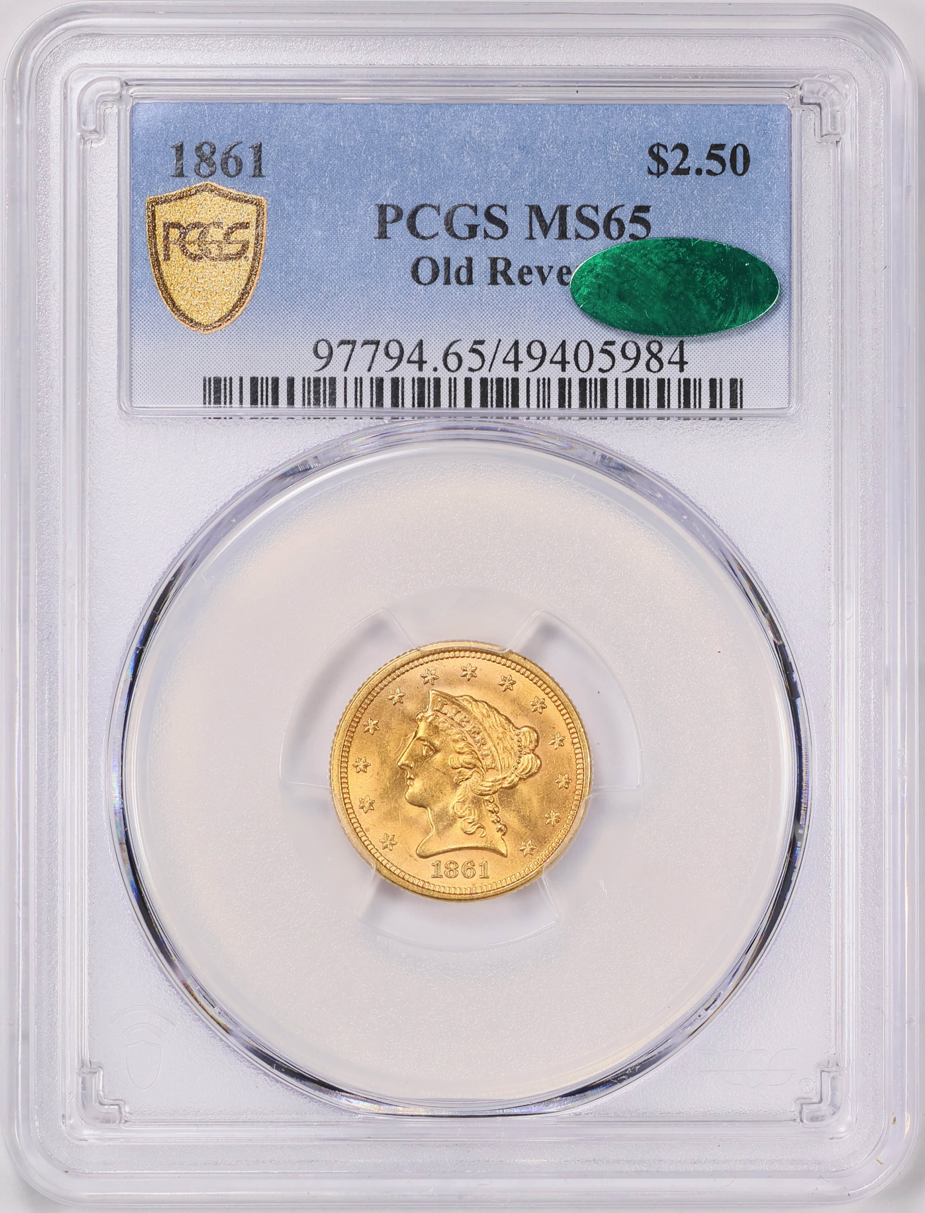 1861 Liberty Gold Quarter Eagle Old Reverse PCGS MS-65 (CAC Green) (Item 1653750 ...