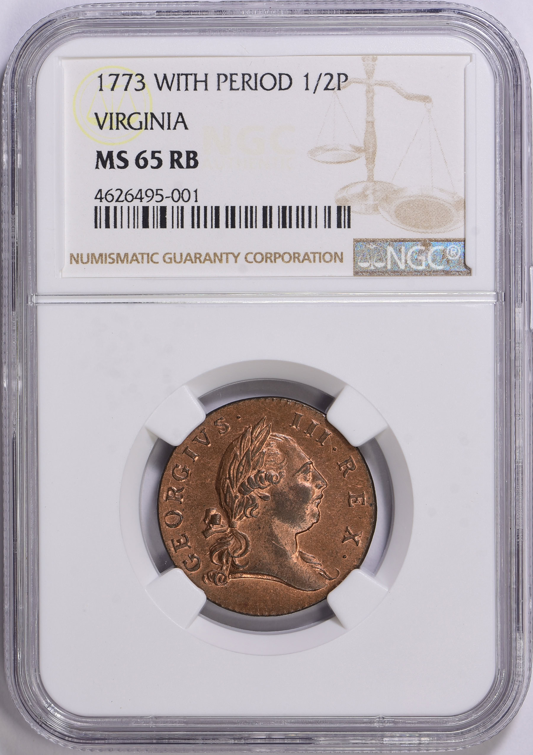 1773 Virginia Halfpenny With Period NGC MS-65 RB (Item 1653766 ...