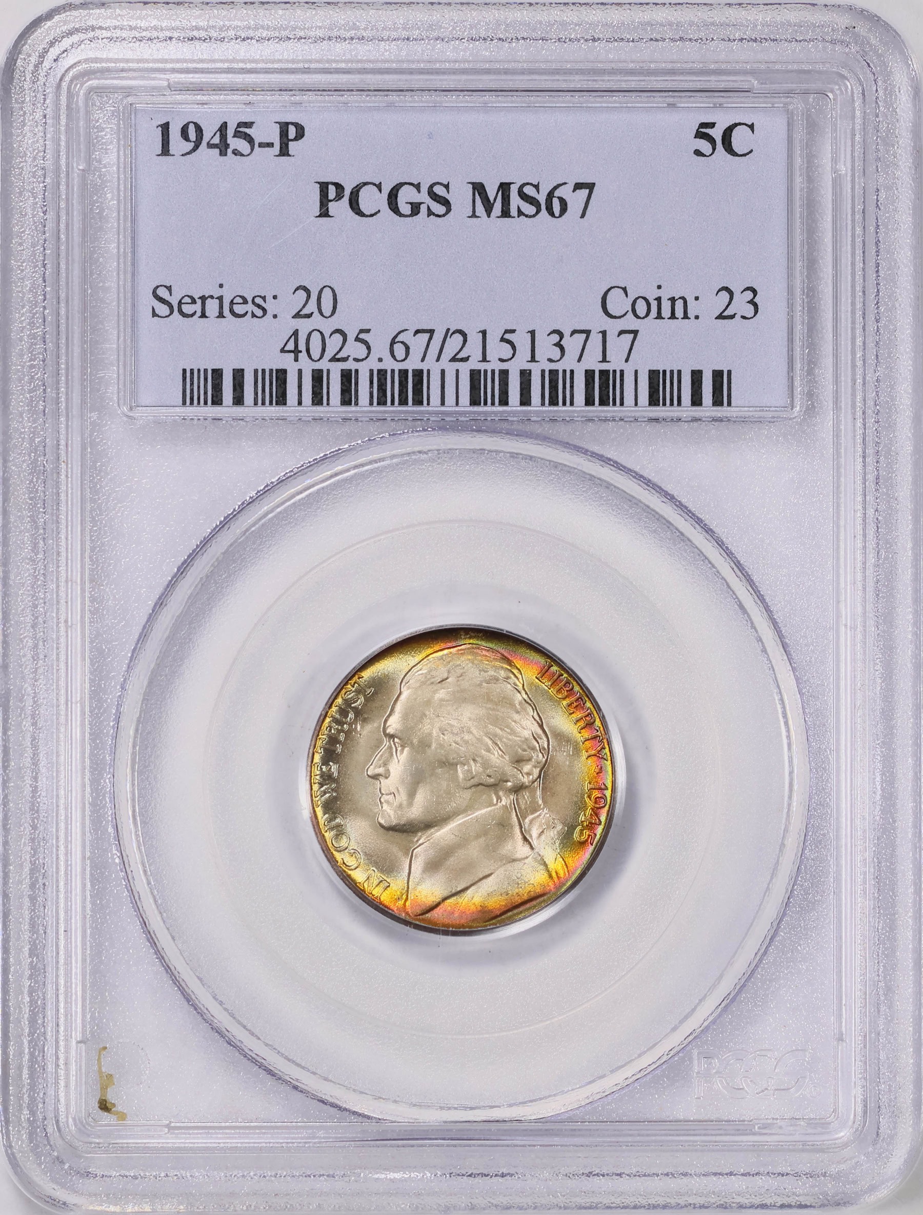 1945-P Jefferson Nickel PCGS MS-67 (Toned) (Item 1653790) | GreatCollections Coin Auctions