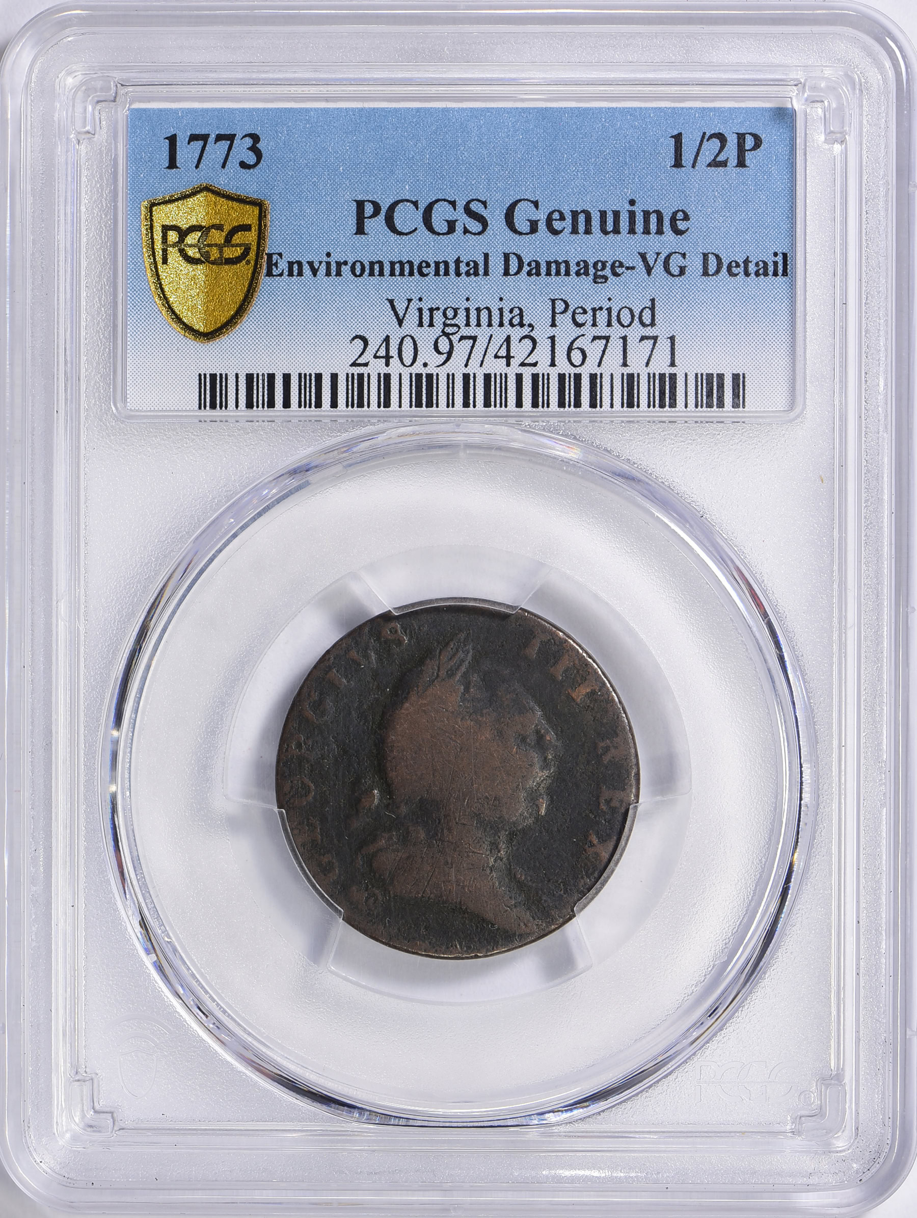 1773 Virginia 1/2 Penny With Period PCGS Genuine VG Details (Item ...