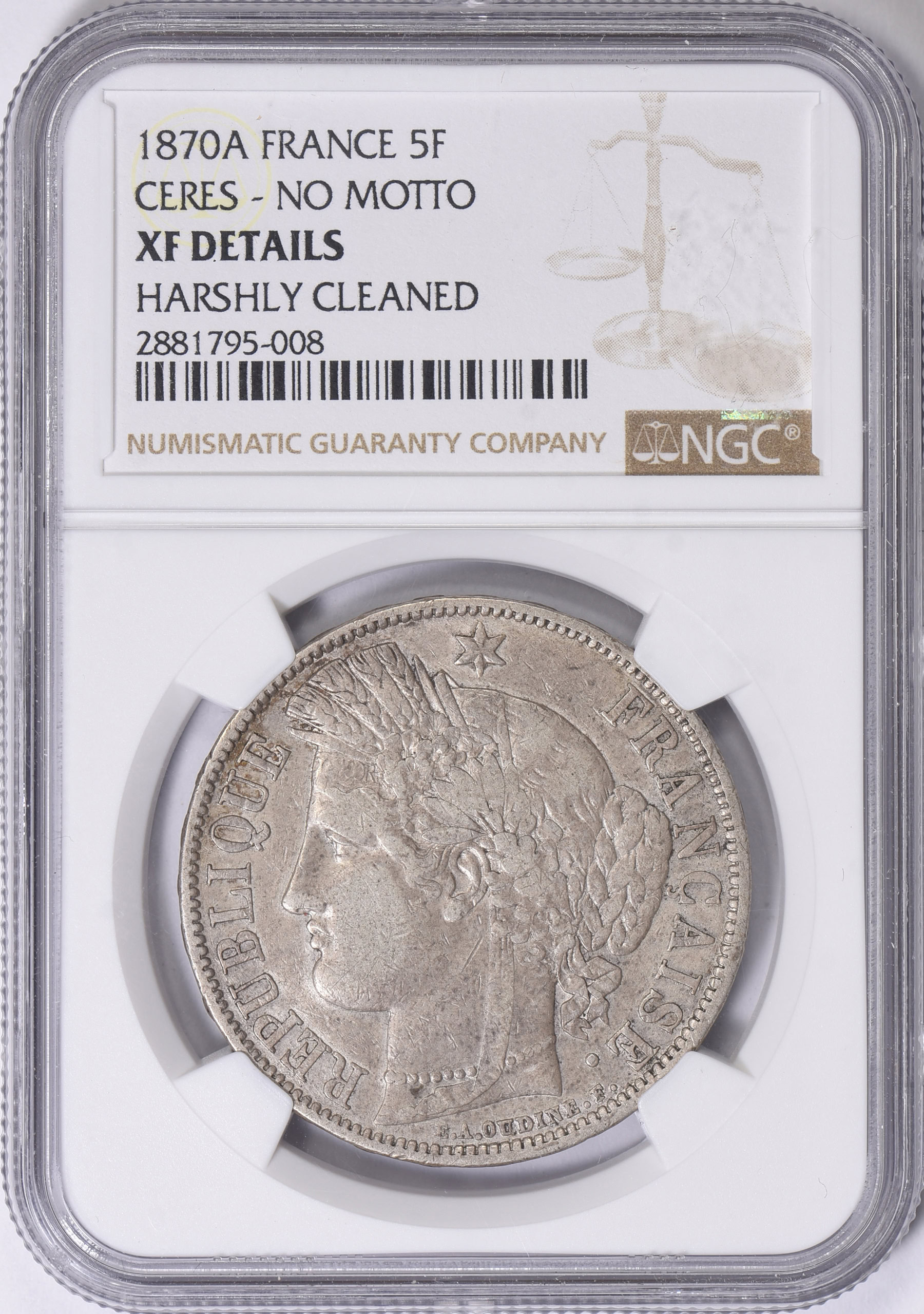 France 1870-A Silver 5 Francs Cérès Sans Légende KM-818.1 NGC XF ...