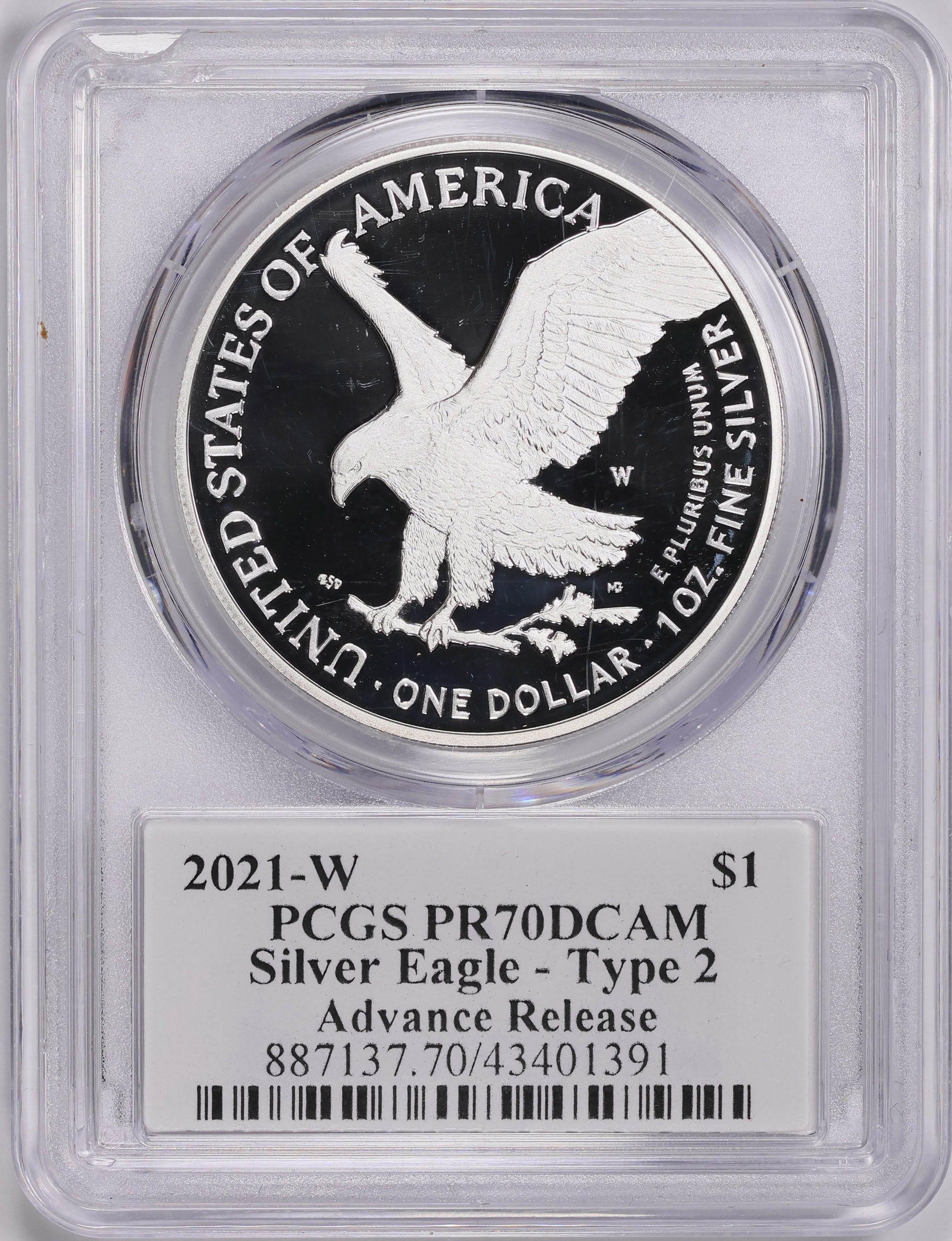 2021-W $1 Silver Eagle Type 2 Advanced Release PCGS Proof-70 DCAM (Emily Damstra Signed Label ...