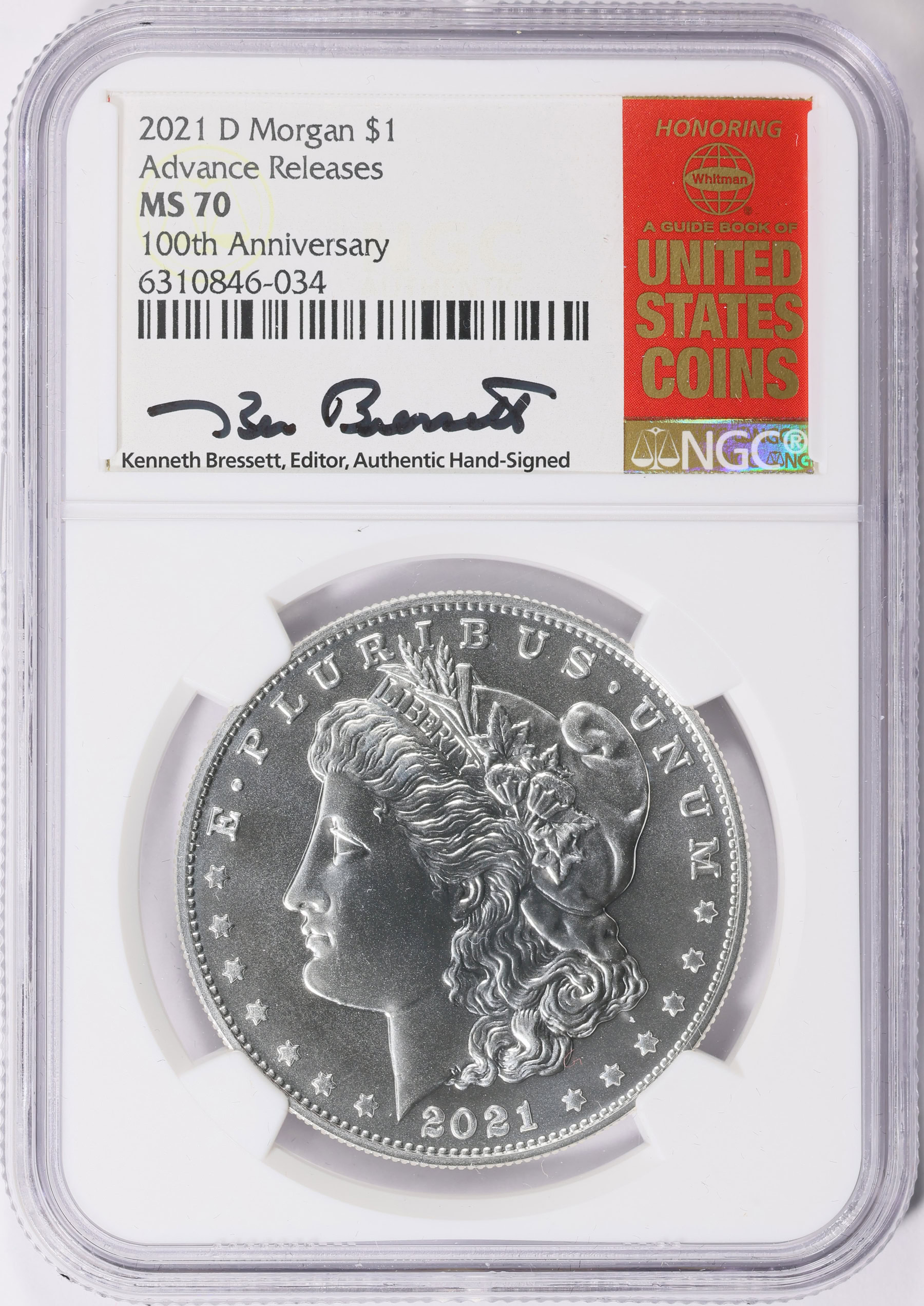 2021-D Morgan Silver Dollar D Privy 100th Anniversary Advance Releases NGC MS-70 (Red Book Label ...