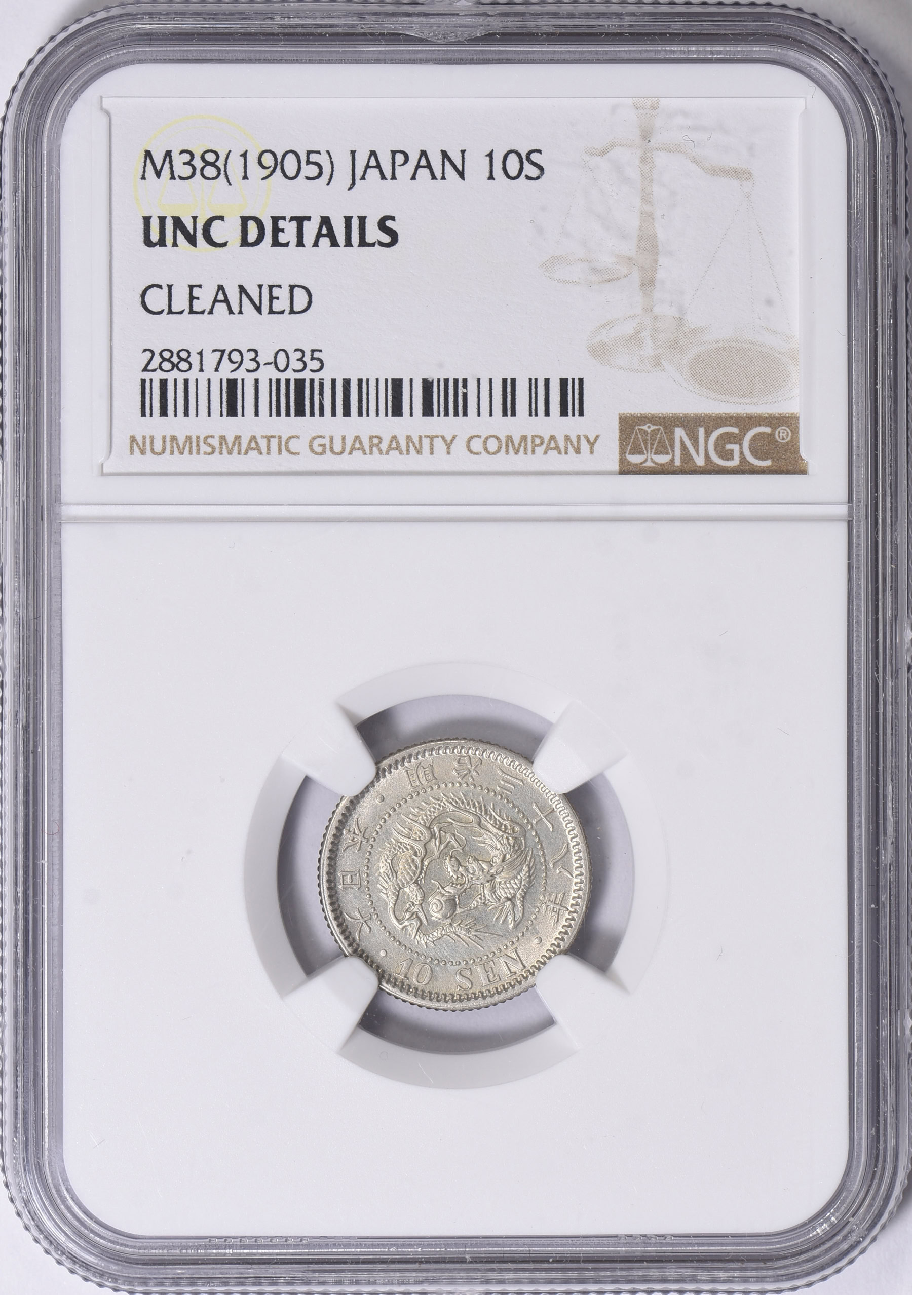 Japan Year 38 (1905) Silver 10 Sen Y-23 NGC Unc Details (Item 1653979) | GreatCollections Coin ...