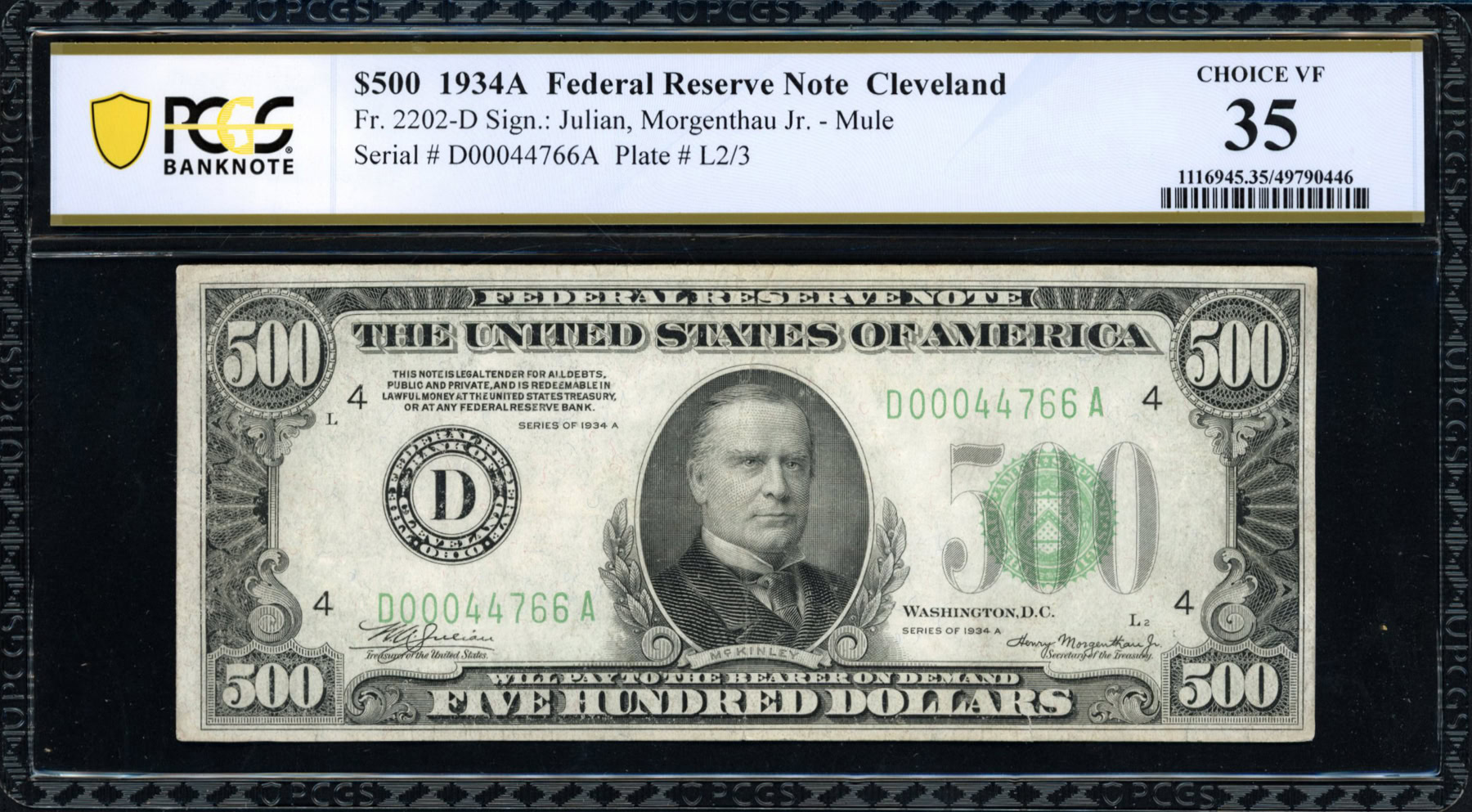 Fr. 2202-D (DA Block) 1934A $500 Cleveland Federal Reserve Note Julian ...