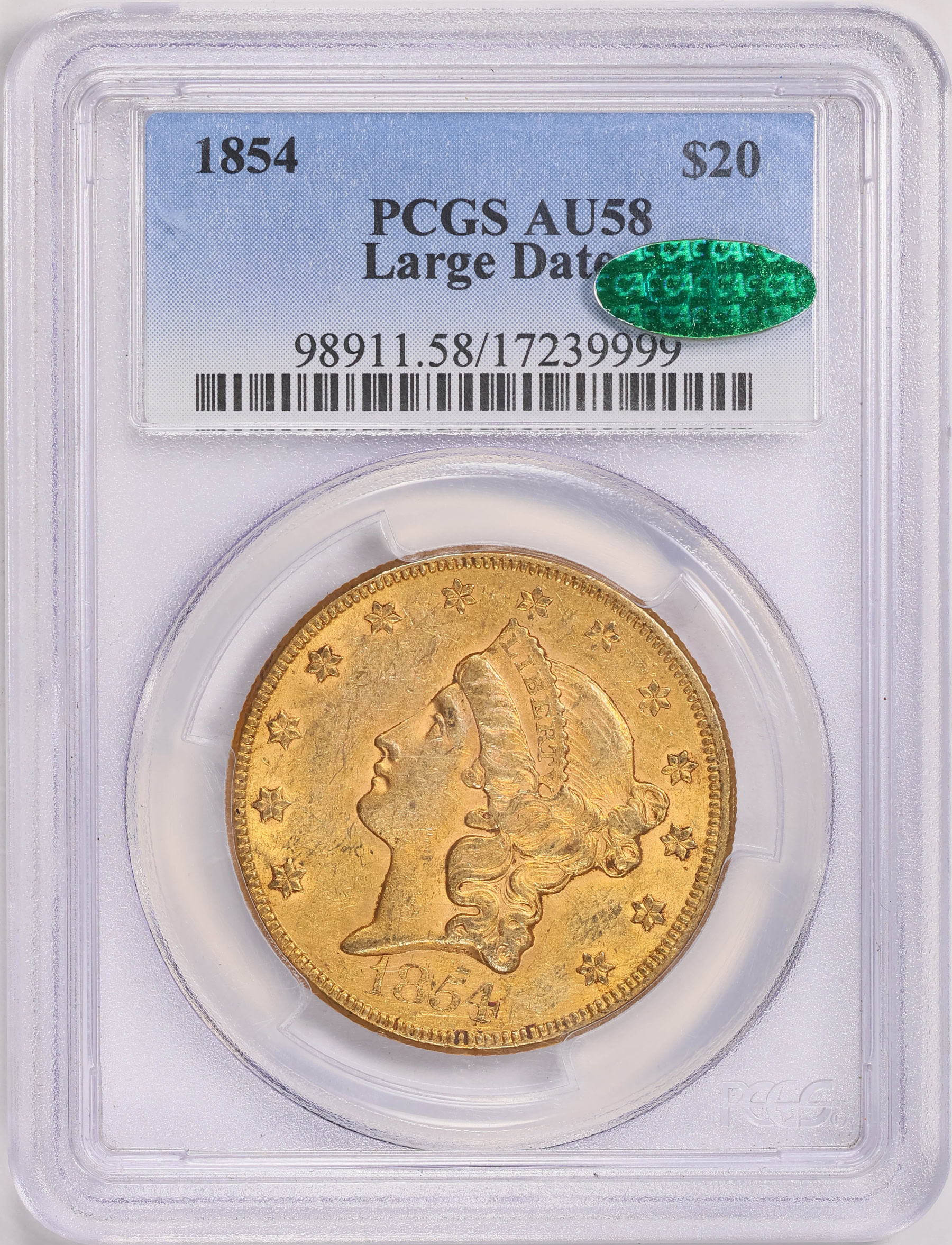 1854 Liberty Gold Double Eagle Large Date PCGS AU-58 (CAC Green) (Item 1654401 ...