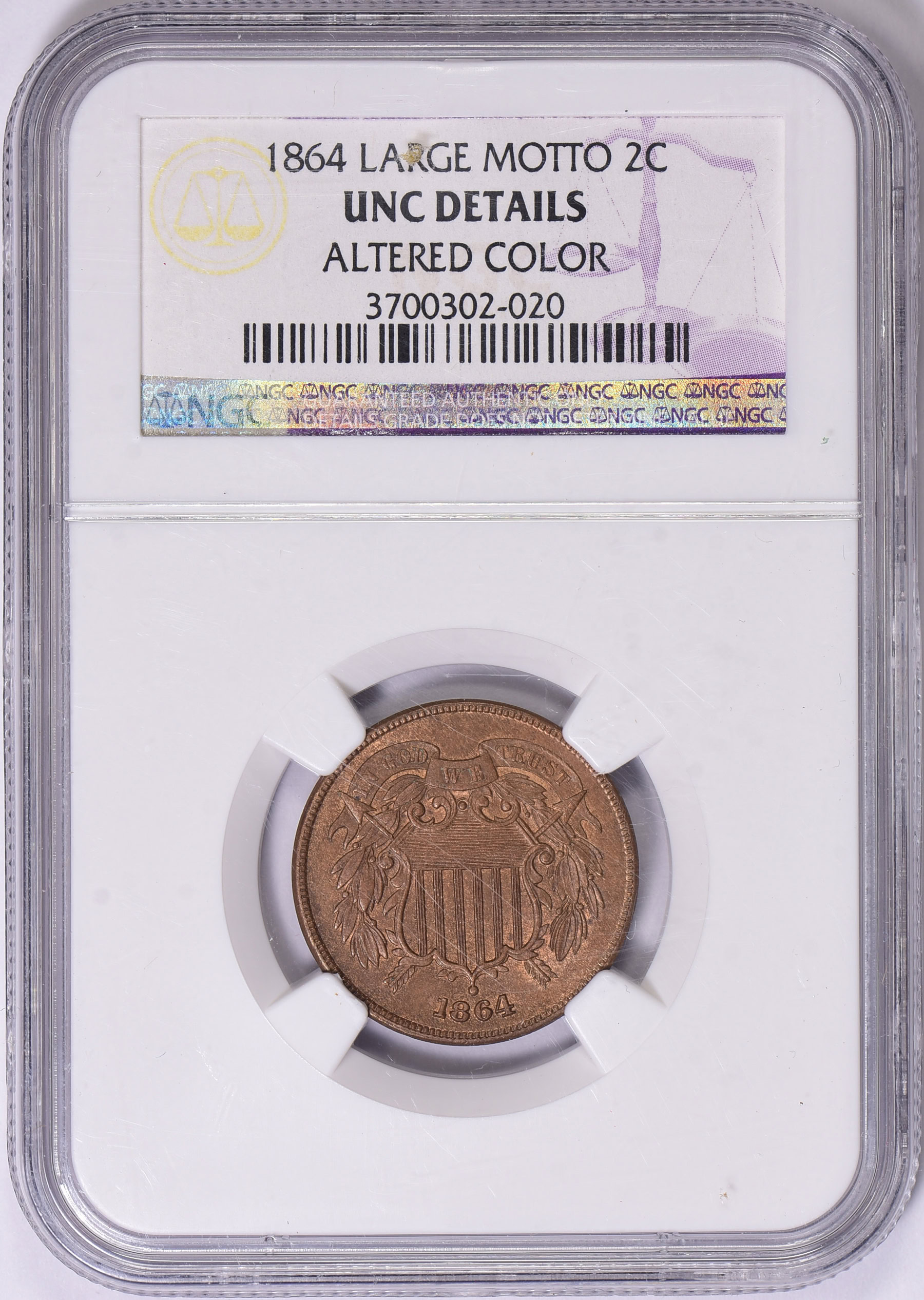 1864 Two-Cent Piece Large Motto NGC Unc Details (Item 1654663) | GreatCollections Coin Auctions