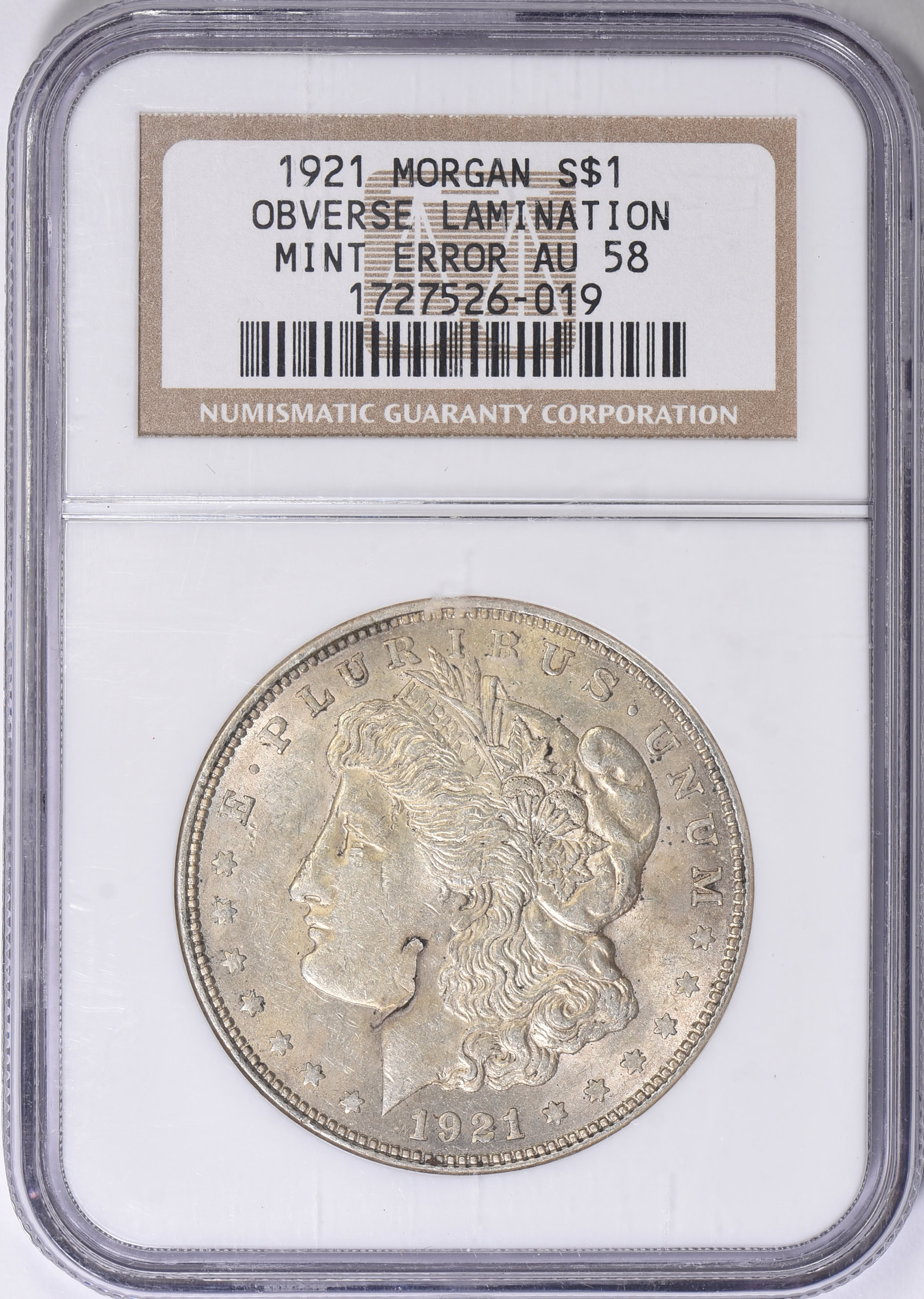 Mint Error 1921 Morgan Silver Dollar Obverse Lamination NGC AU-58 | NGC ...