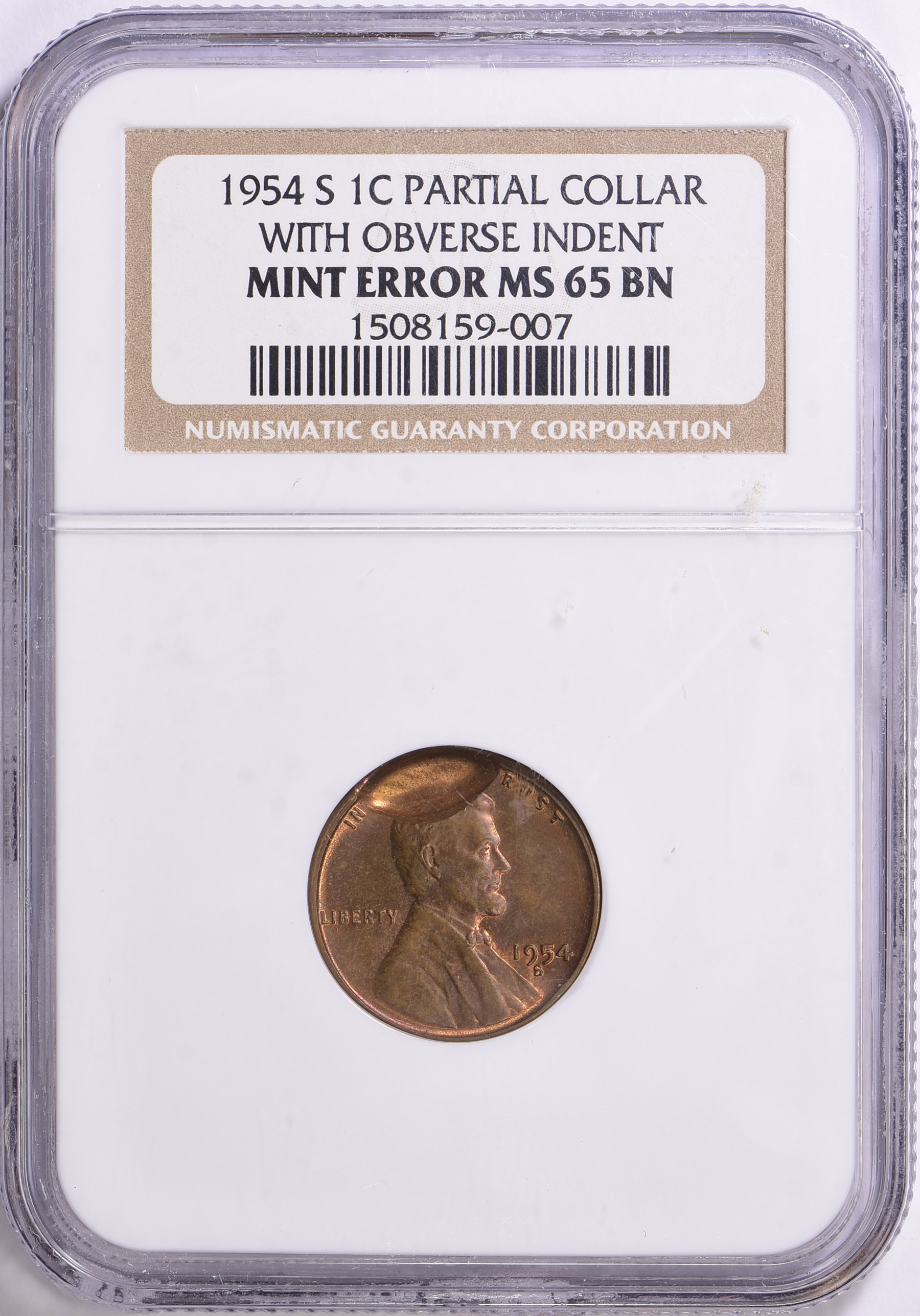 Mint Error 1954-S Lincoln Cent Partial Collar With Obverse Indent NGC ...