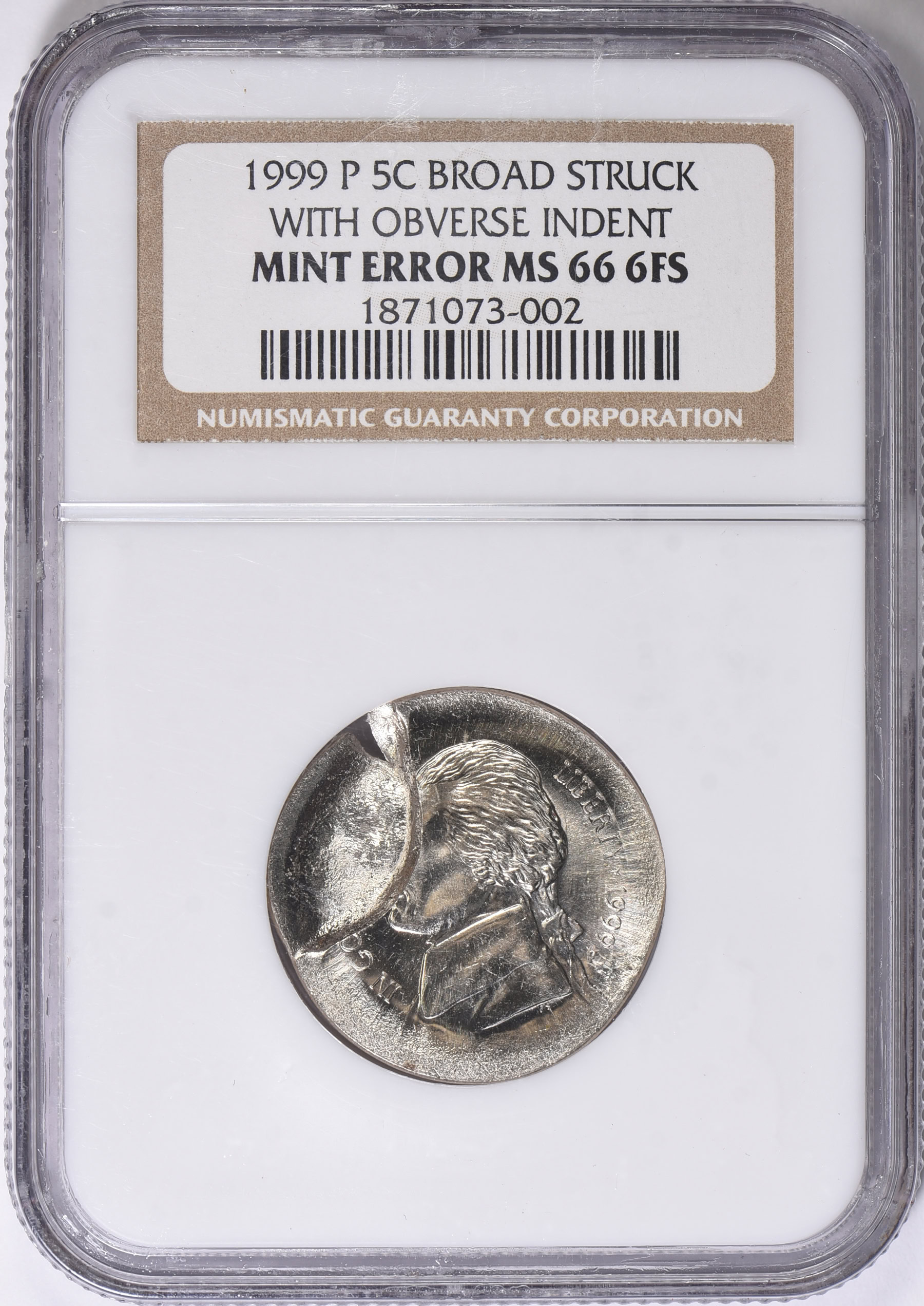 Mint Error 1999-P Jefferson Nickel Broadstruck with Obverse Indent NGC ...