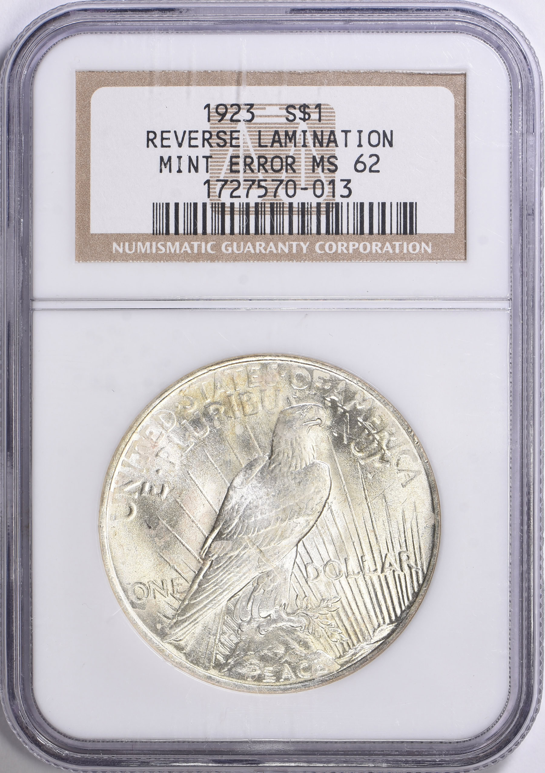 Mint Error 1923 Peace Dollar Reverse Lamination NGC MS-62 | NGC Cert ...