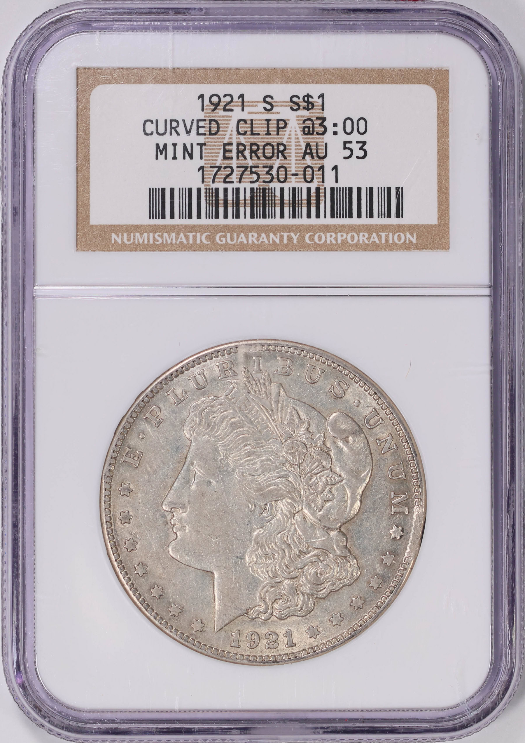 Mint Error 1921-S Morgan Silver Dollar Curved Clip at 3:00 NGC AU-53 ...