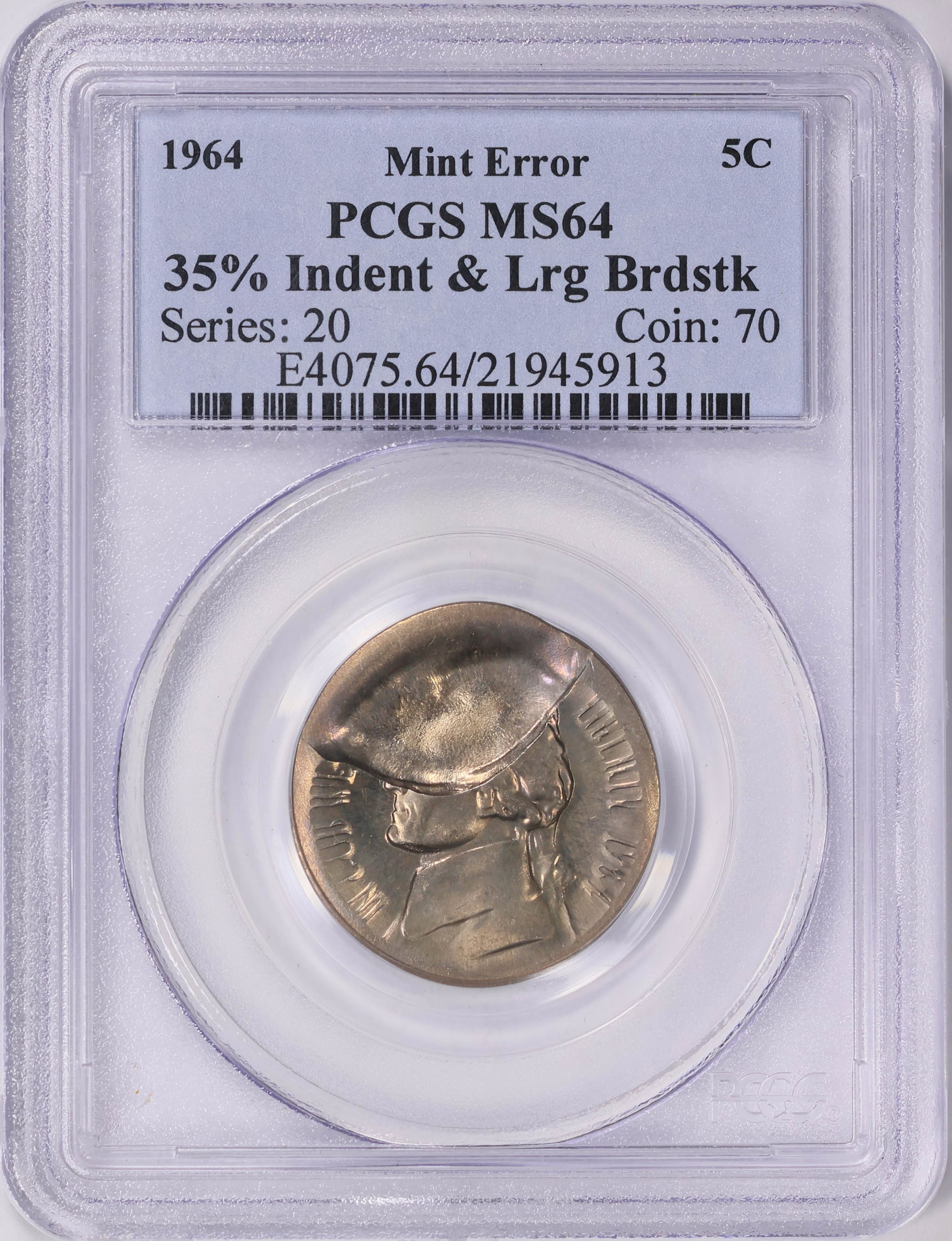 Mint Error 1964 Jefferson Nickel Large Broadstrike With 35% Indent PCGS ...